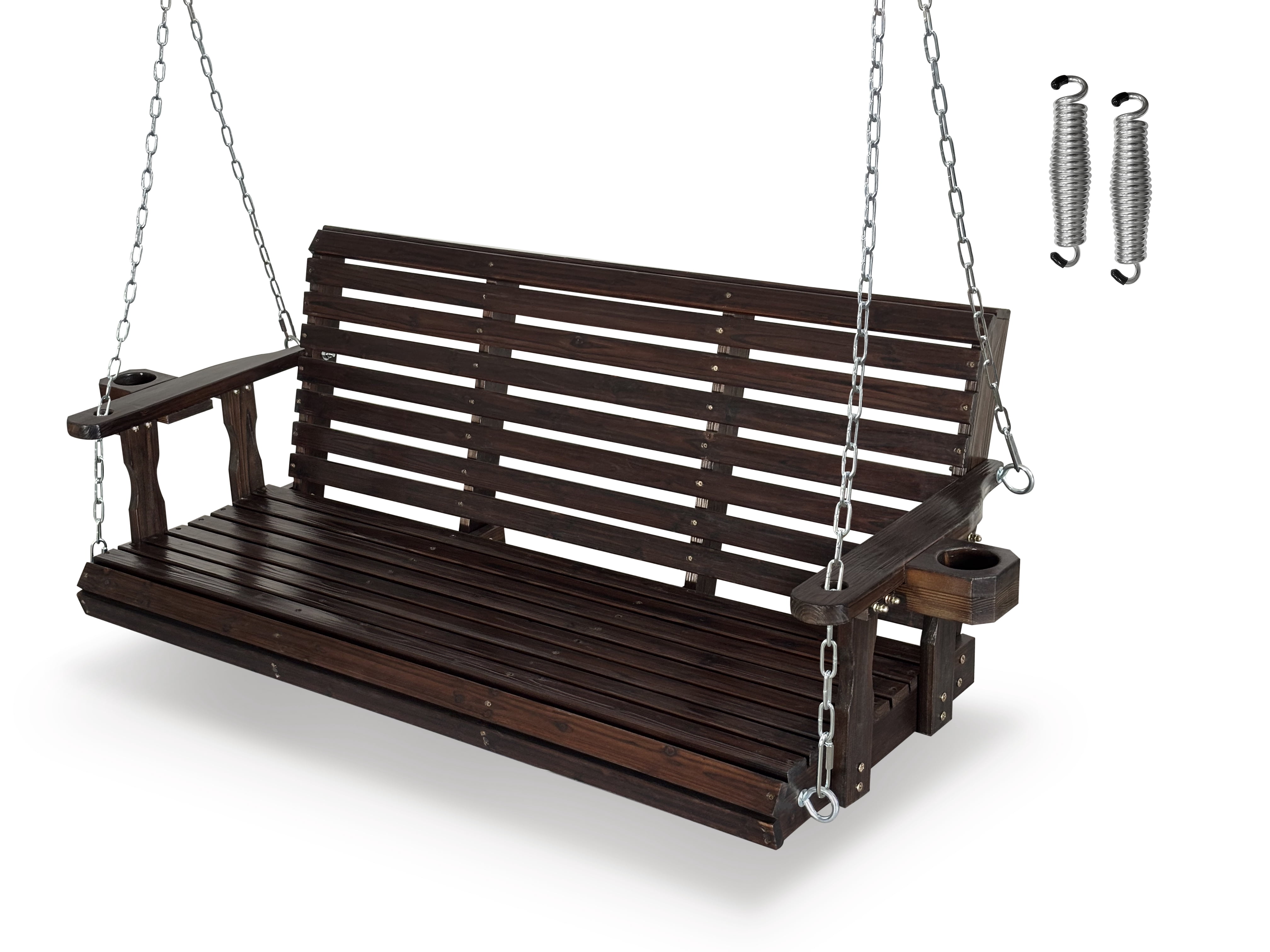 Fortune Candy 3-Seater Wooden Porch Swing with Cup Holders, Heavy Duty ...