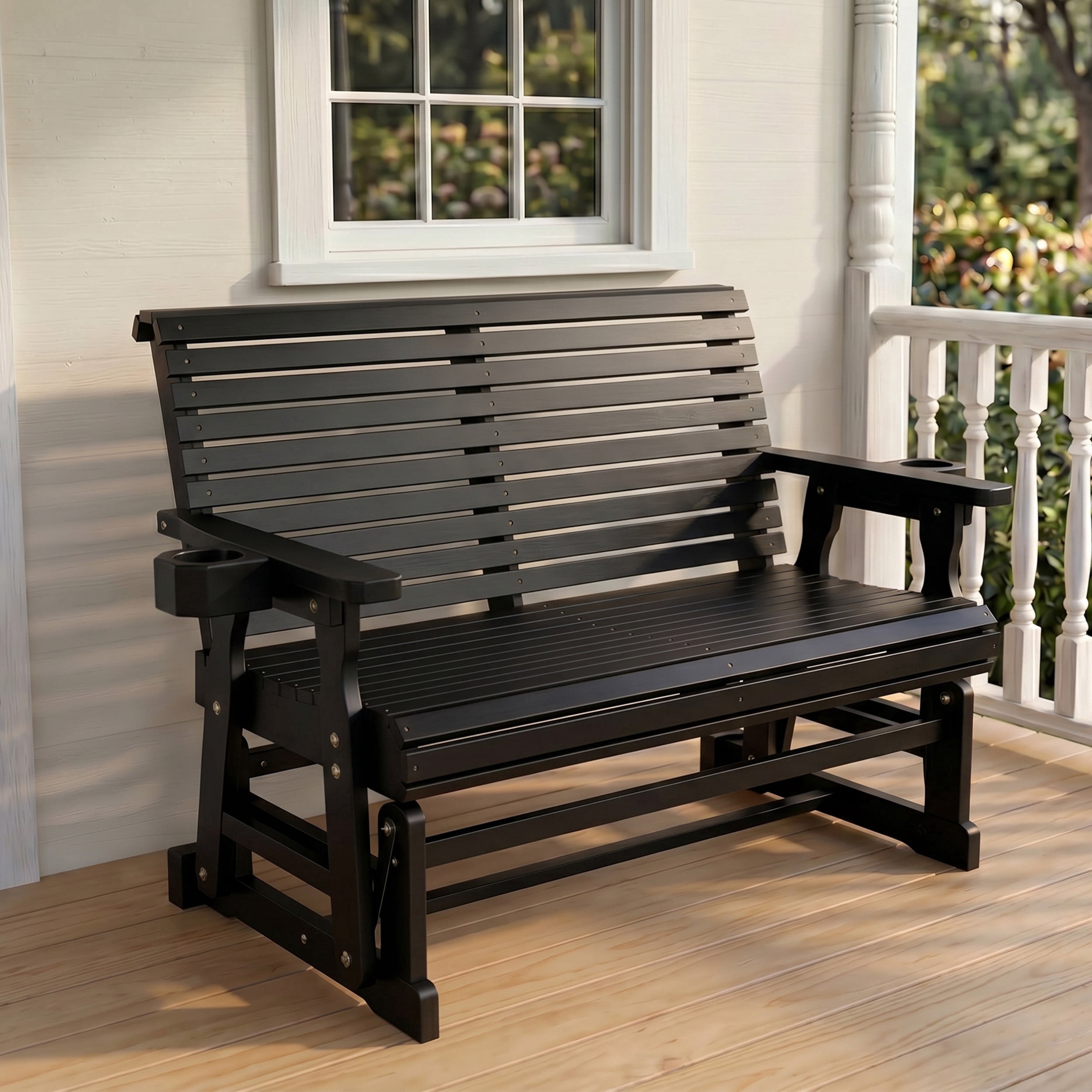 Fortune Candy Outdoor Wood Glider with High Roll Back and Cup Holders ...