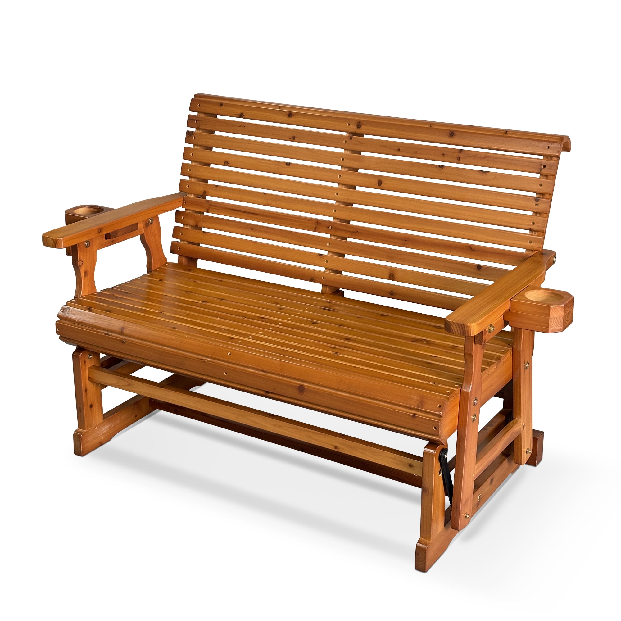 Fortune Candy Outdoor Wood Glider with High Roll Back and Cup Holders ...