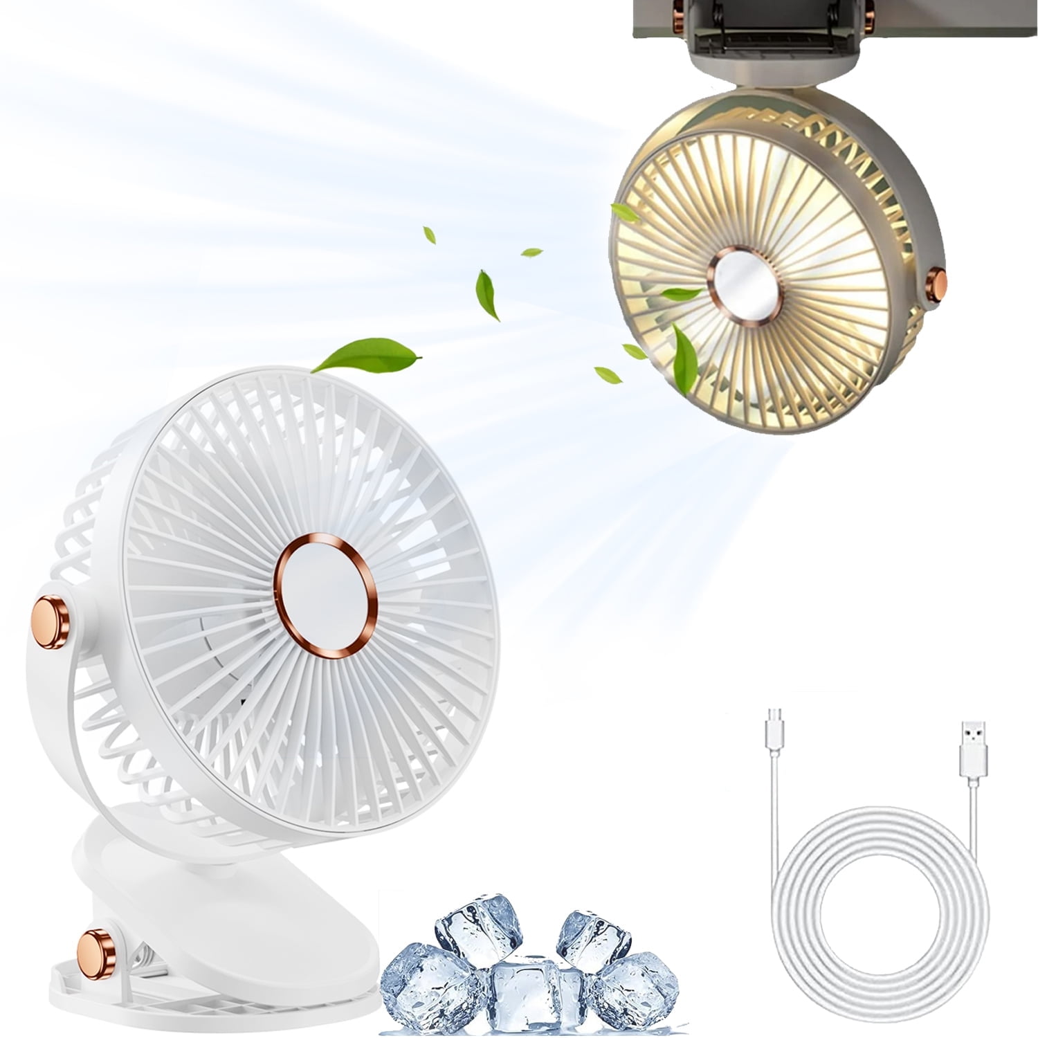 Foryou Desk Fan Clip On with Lights USB Rechargeable 2400mAh 5 Level ...