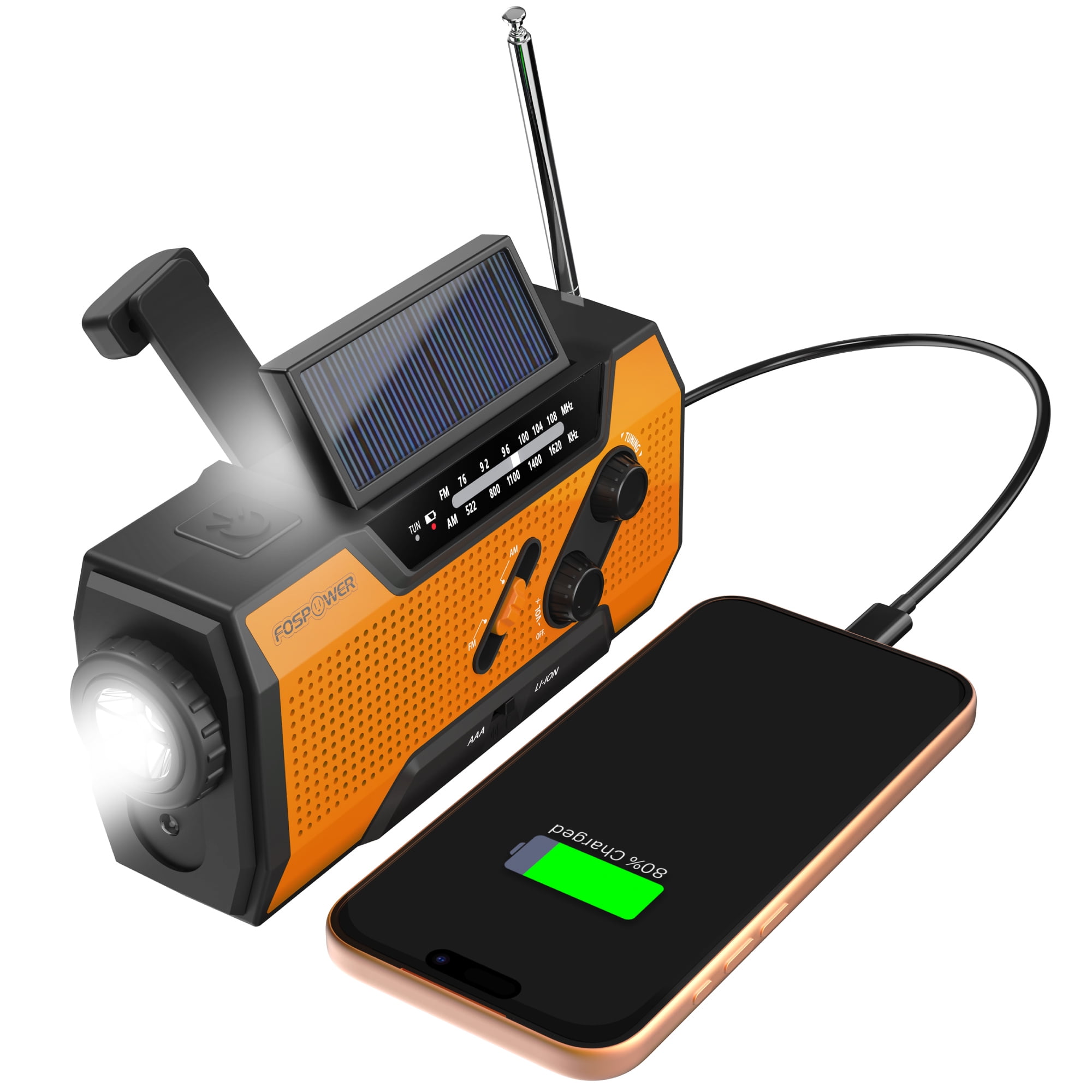 FosPower Emergency Solar Crank Radio, LED Flashlight, USB Charger, NOAA ...