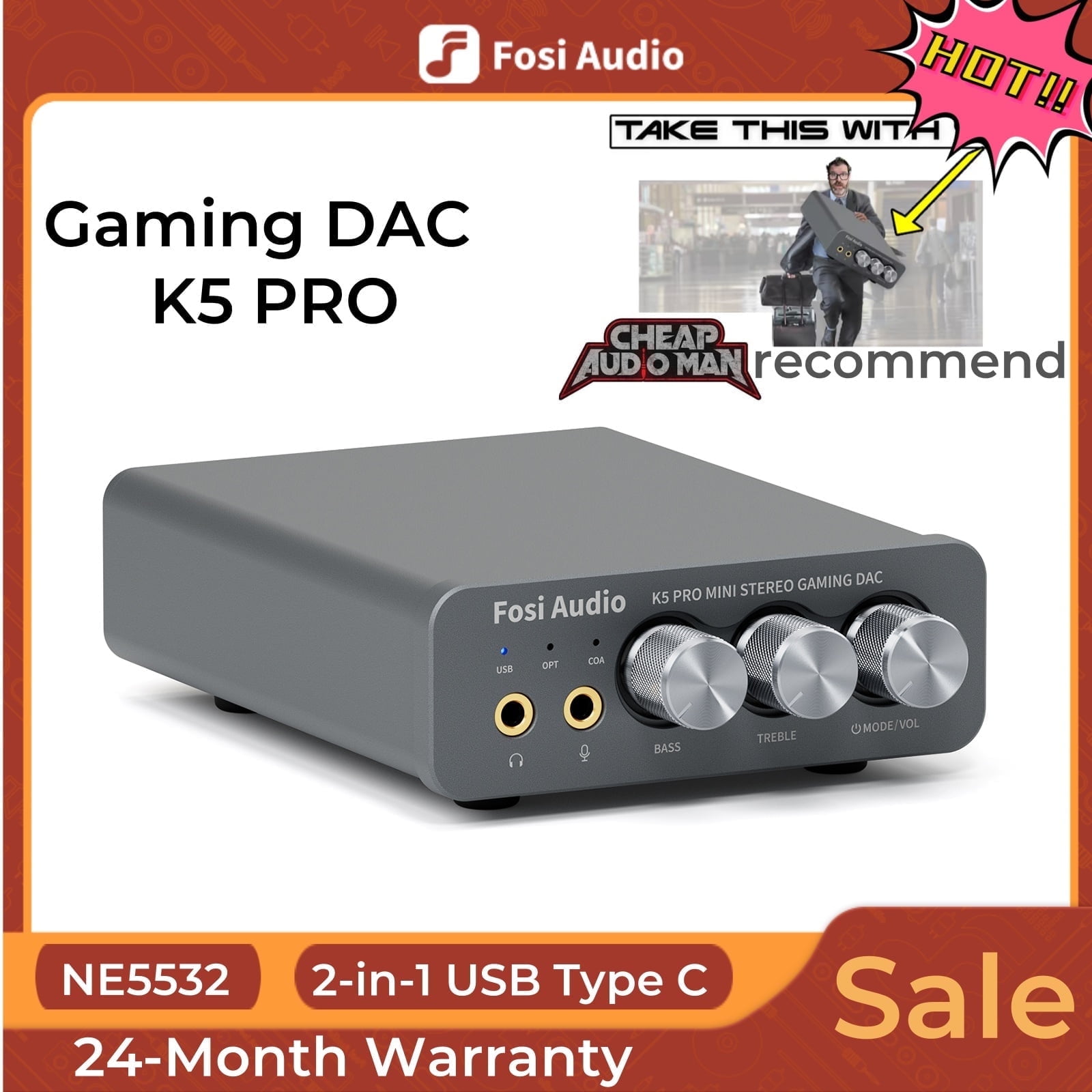 Fosi Audio K5 Pro DAC Amp, Hi-Fi Stereo, USB Type C to 3.5MM AUX, RCA for PS5/PC/MAC - Walmart.com