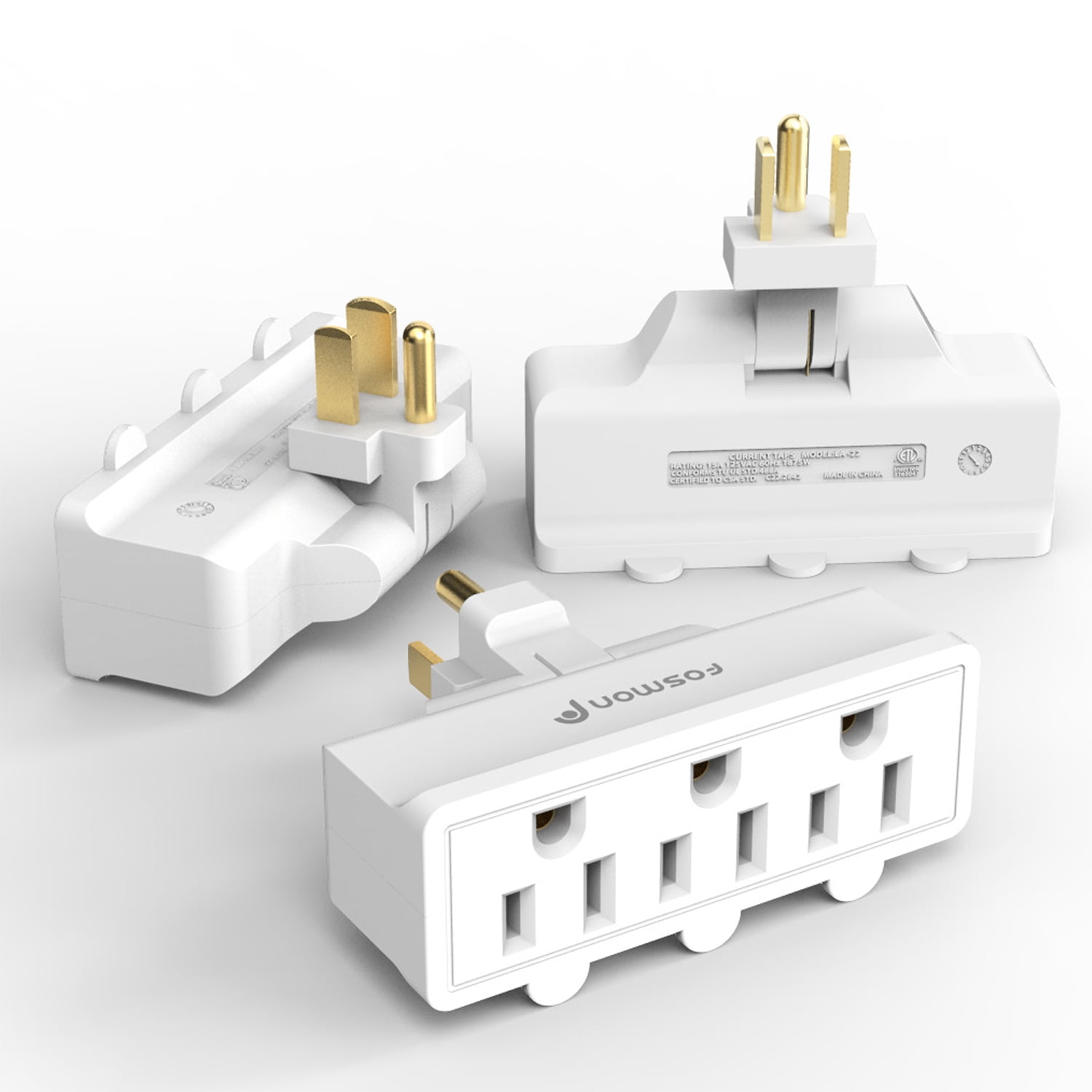 Fosmon [3 PACK] 3 Outlet Wall Adapter Tap, 3-Prong Swivel Grounded ...