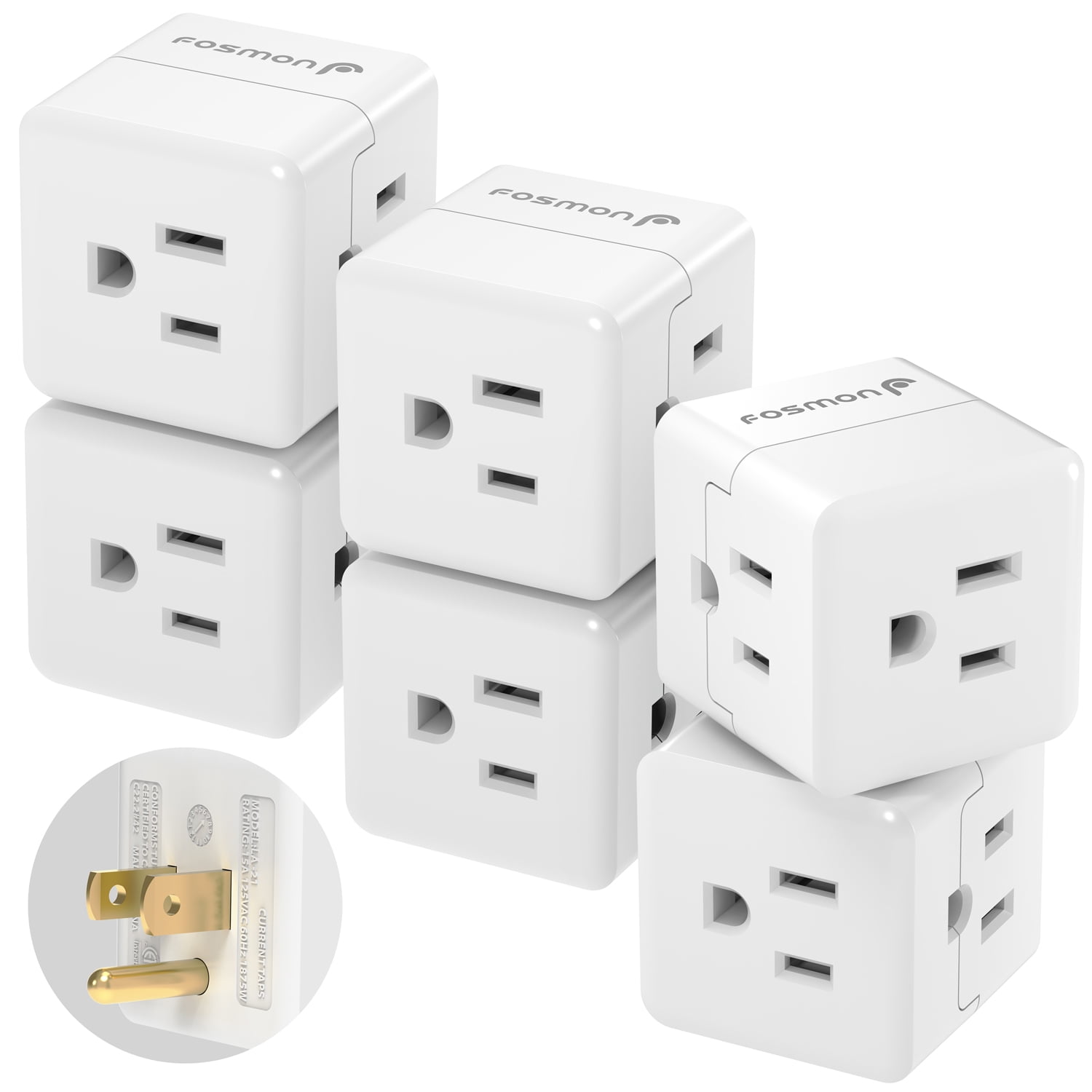 Fosmon 3 Outlet Wall Adapter Tap, 3-Prong Grounded Indoor AC Mini Plug ...