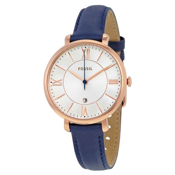 Fossil Jacqueline Silver Dial Navy Leather Quartz Ladies Watch ES3843 ...