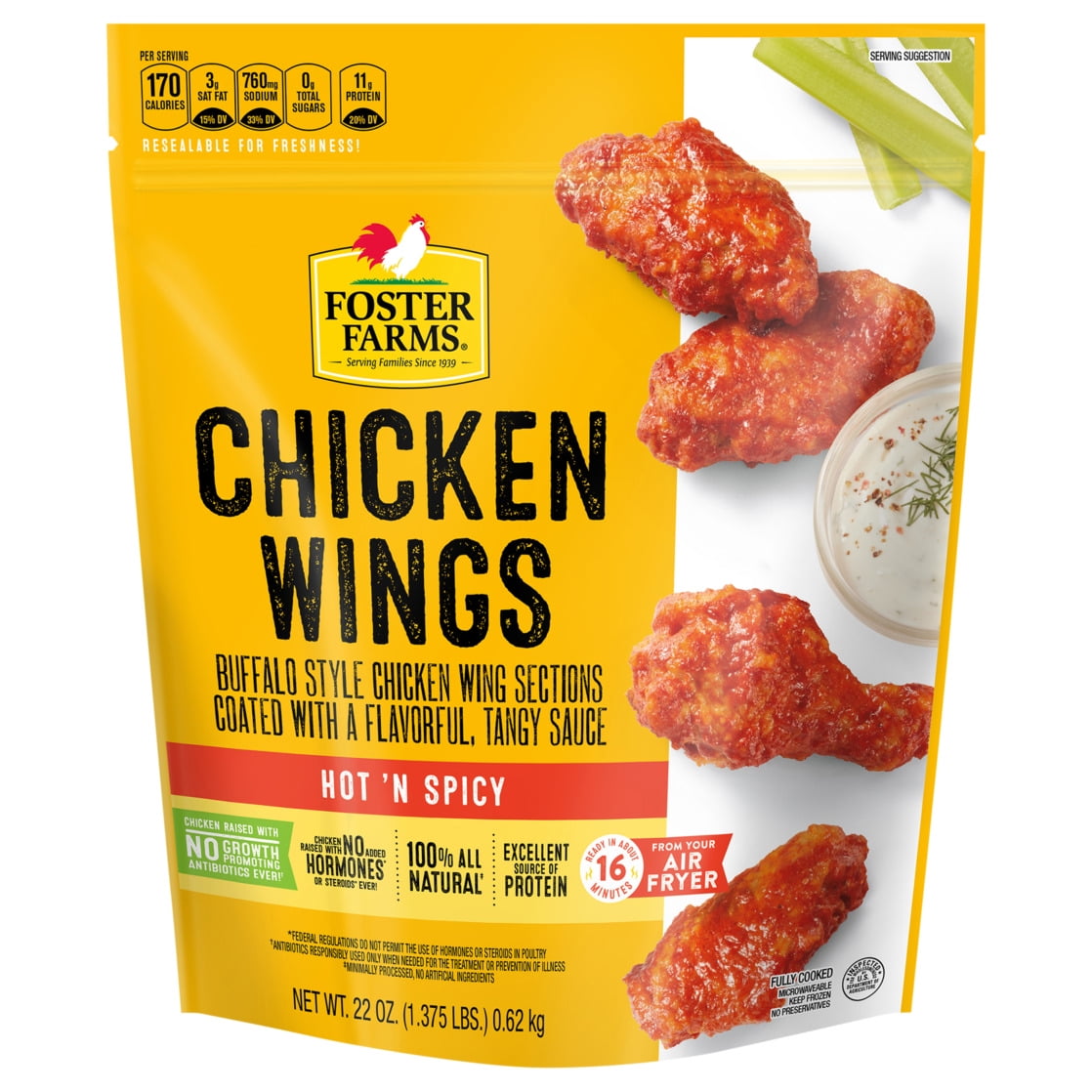 Foster Farms Hot 'N Spicy Chicken Wings 22 oz, All Natural, Excellent ...