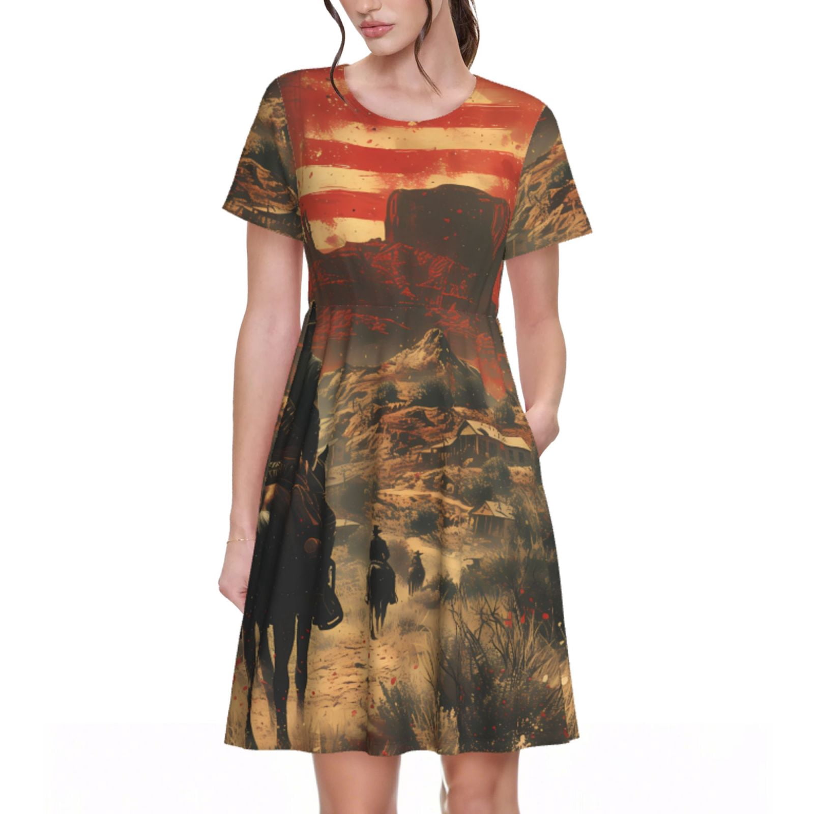 Fotbe 1860s Style American Cowboy Pattern Dress Casual Womens Fashion ...