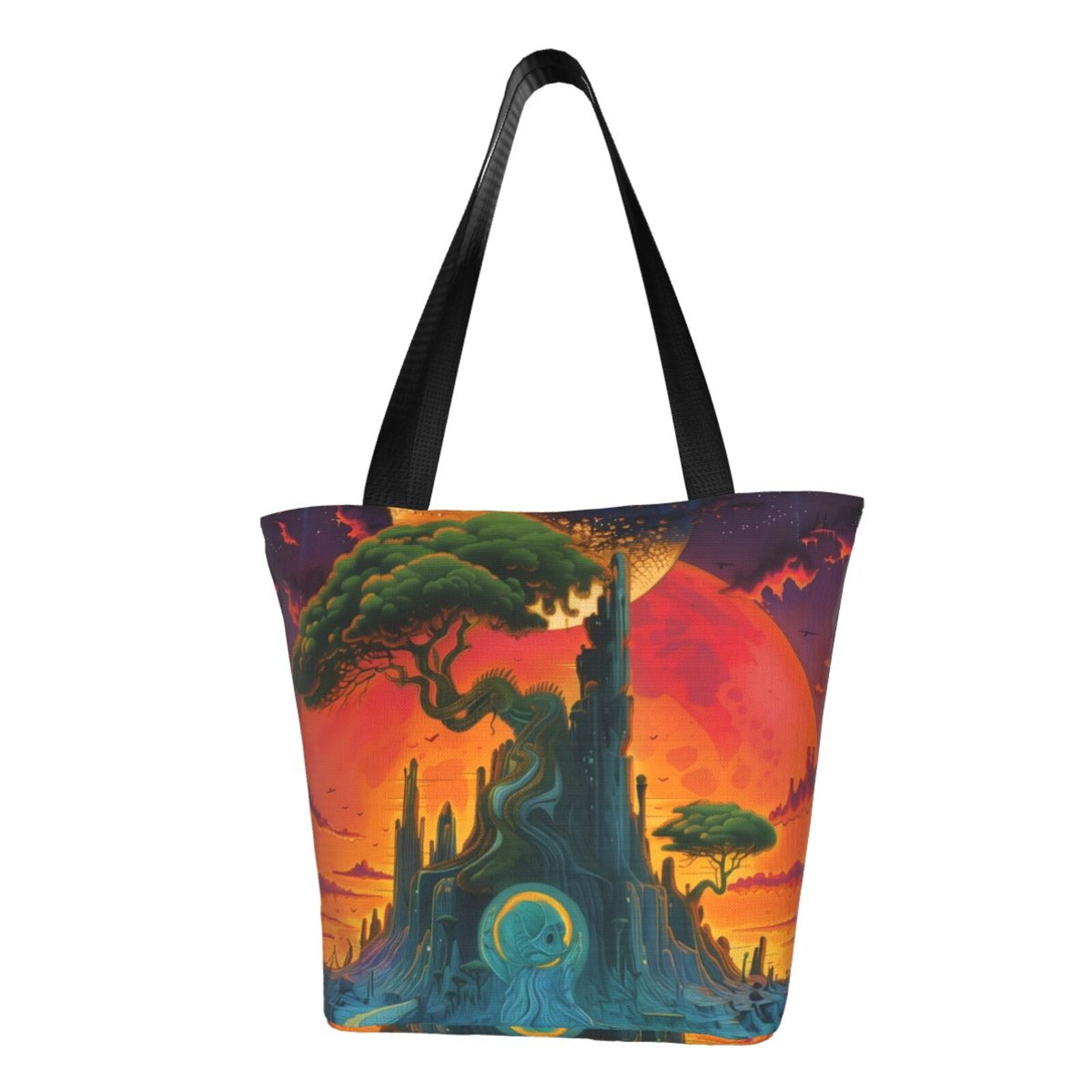 Fotbe Abstract Tree Castle Pattern Beach Tote,Shoulder Handbag,Spacious ...