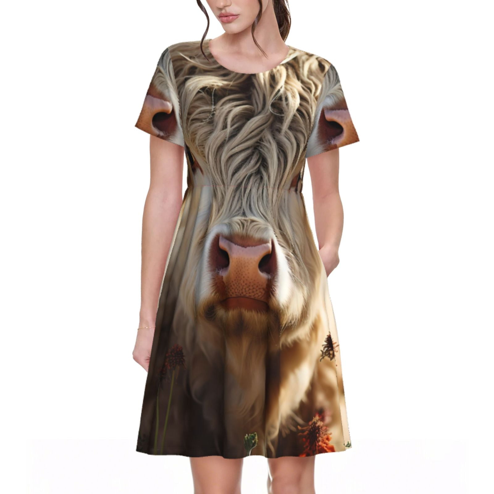 Fotbe Adorable Flower Field Cow Pattern Dress Casual Womens Fashion ...