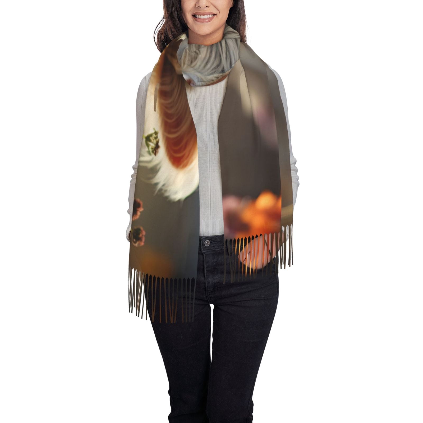 Fotbe Adorable Flower Field Cow Print Womens Fall Winter Scarf Tassel ...