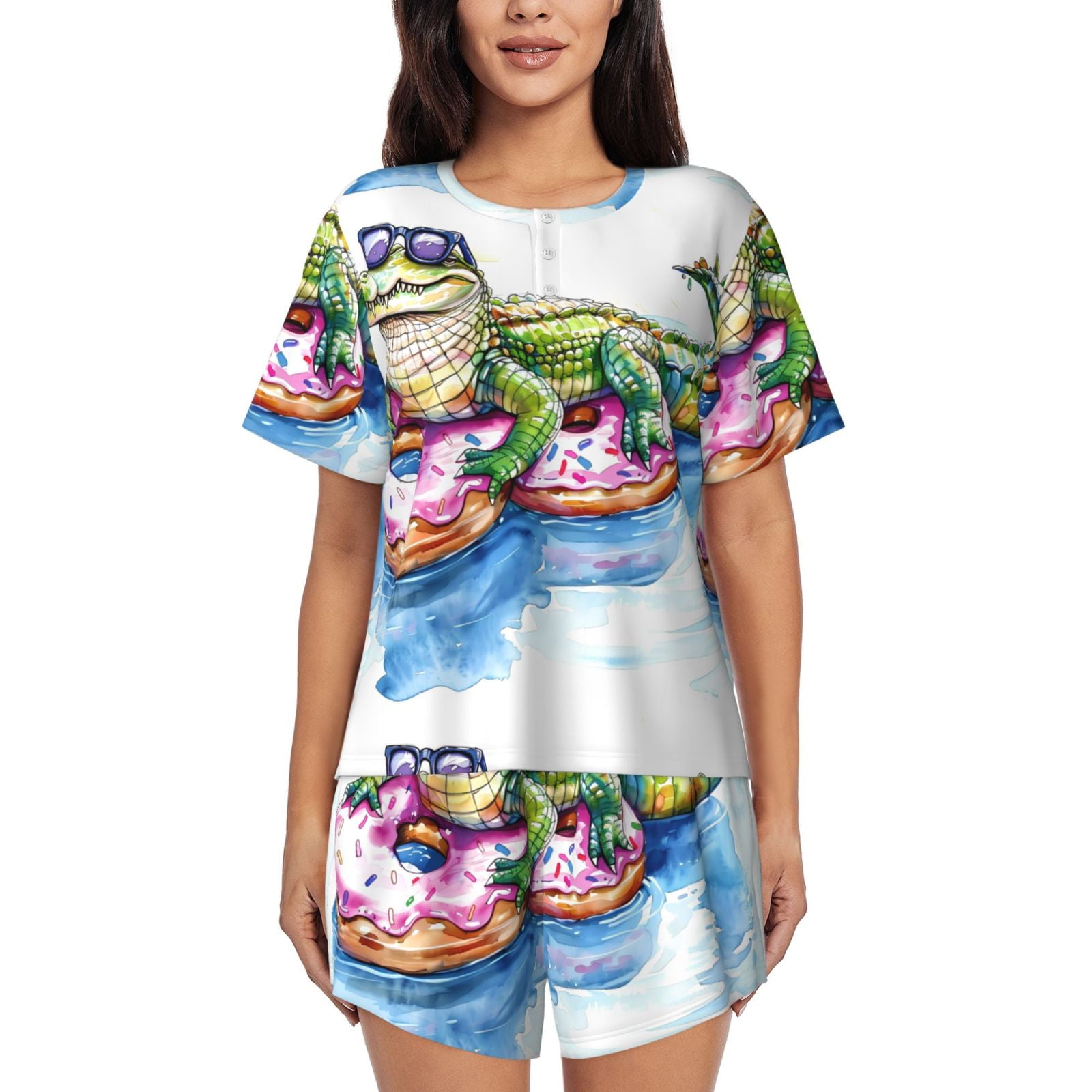 Fotbe Alligator Donut Pool Float Print Pajama Set for Women 2 Piece ...