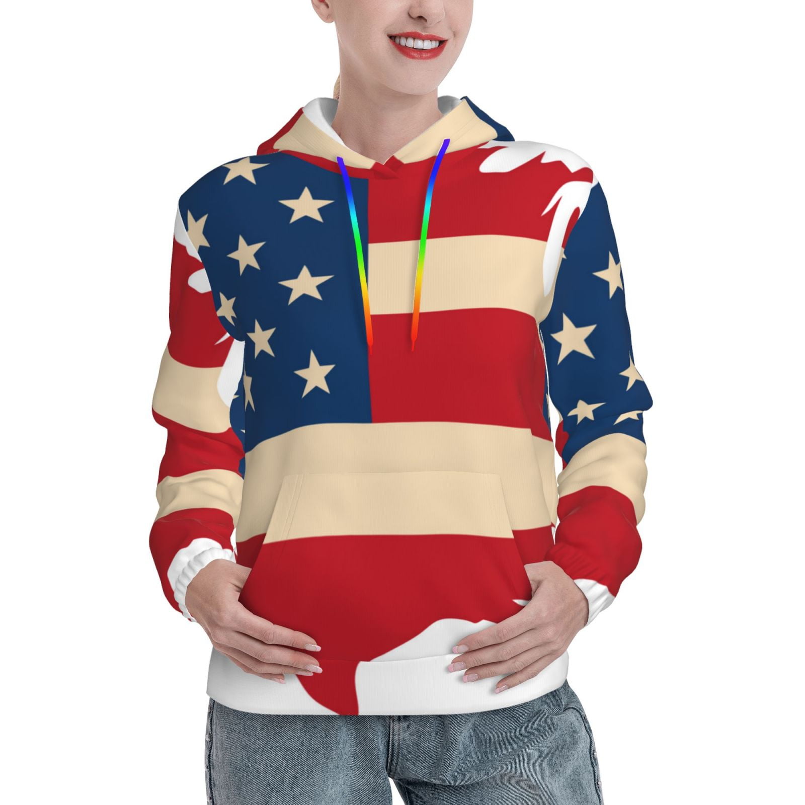Fotbe American Flag Map Pattern Womens Long Sleeve Hoodie, Pullover ...