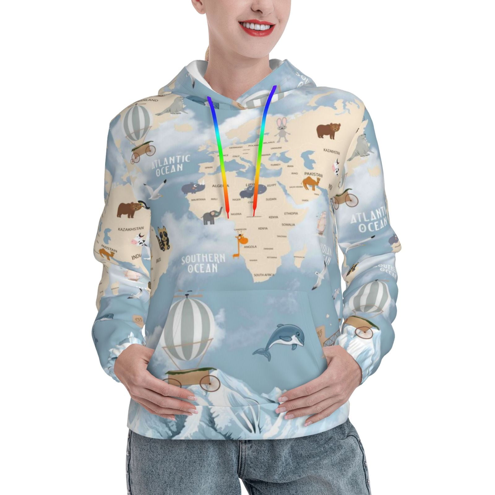 Fotbe Animals Travel World Map Pattern Womens Long Sleeve Hoodie ...