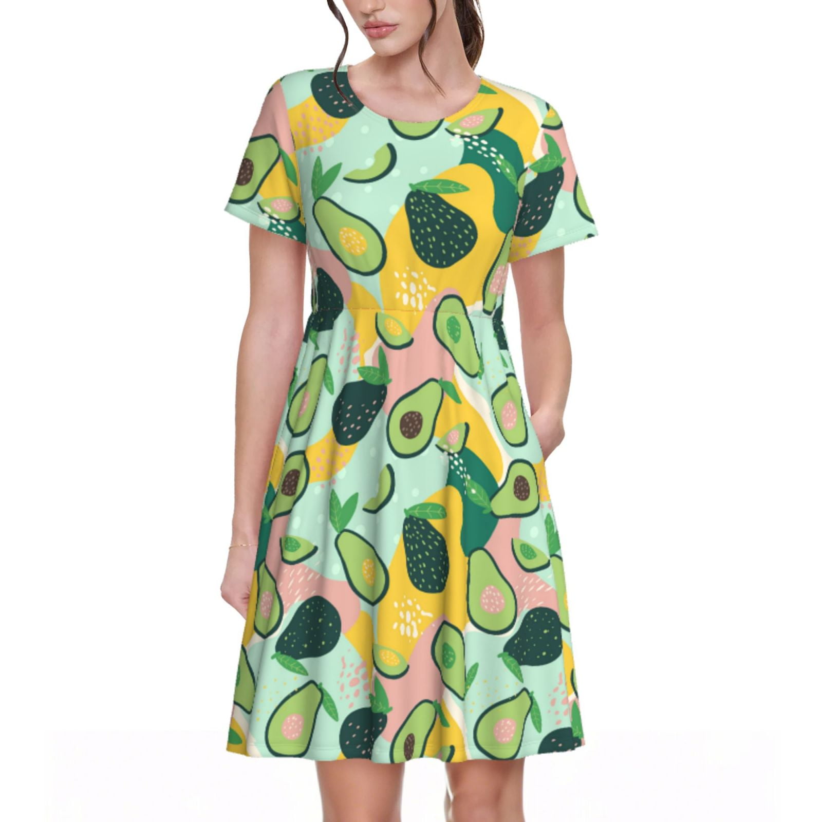 Fotbe Avocado Pattern Dress Casual Womens Fashion Short Sleeve Maxi ...