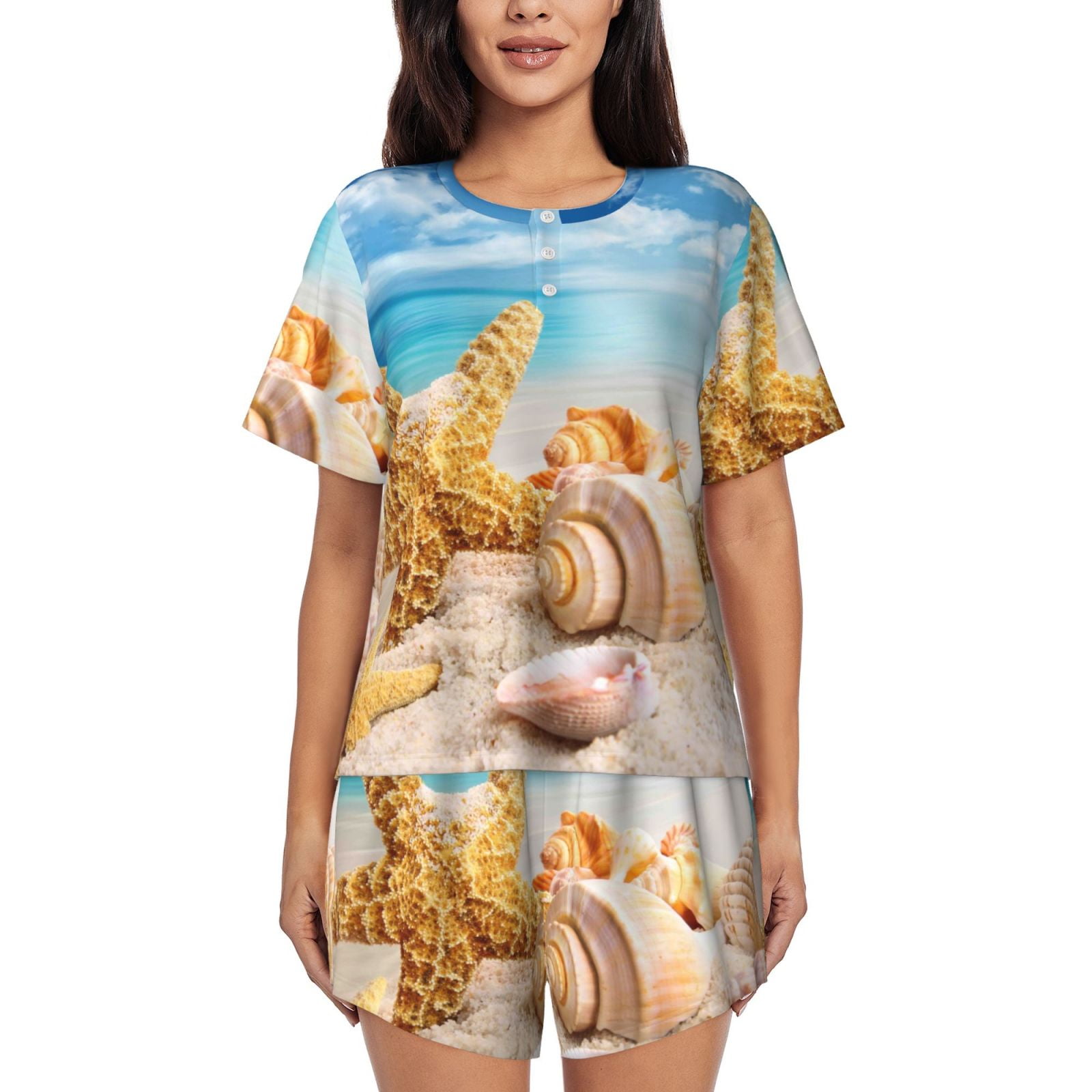 Fotbe Beach Starfish Shell Print Pajama Set for Women 2 Piece ...