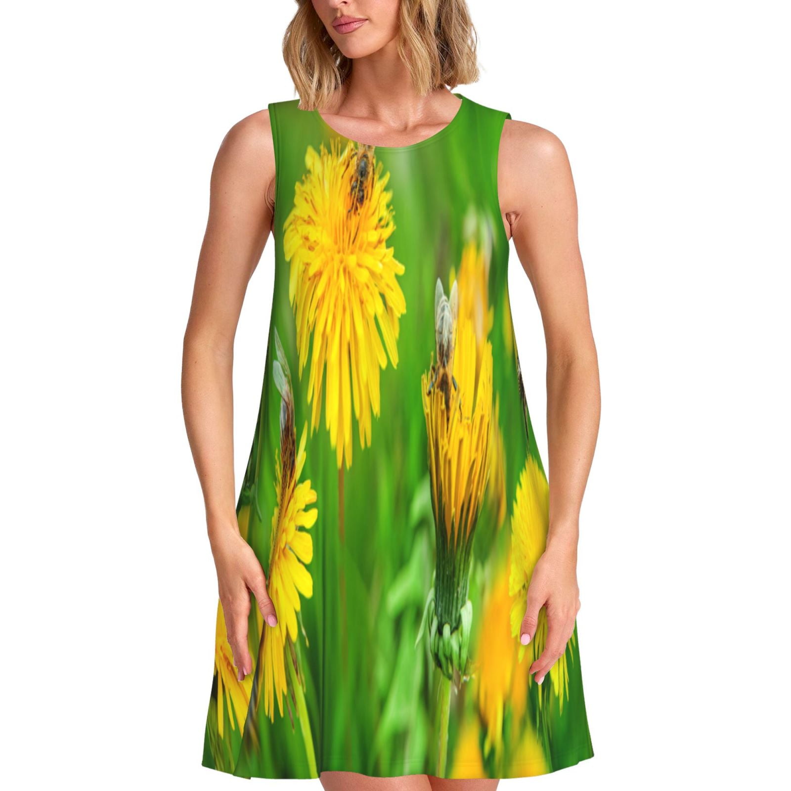 Fotbe Bees Pollinates A Yellow Dandelion Pattern Women’s Summer Tank ...