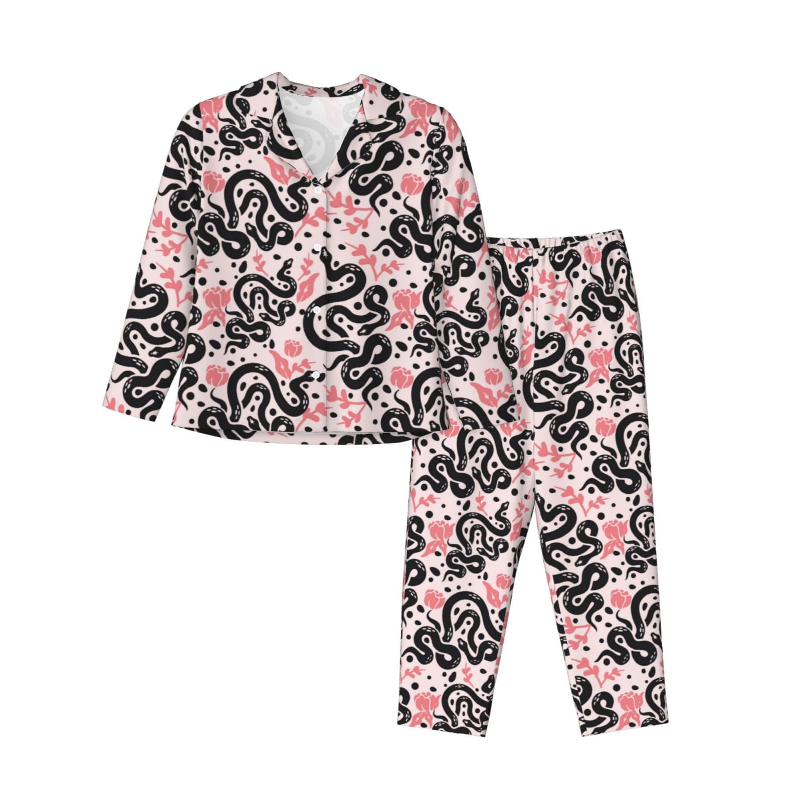 Fotbe Black Snake Pattern Long Sleeve Pajama Set for Women,Sleepwear ...