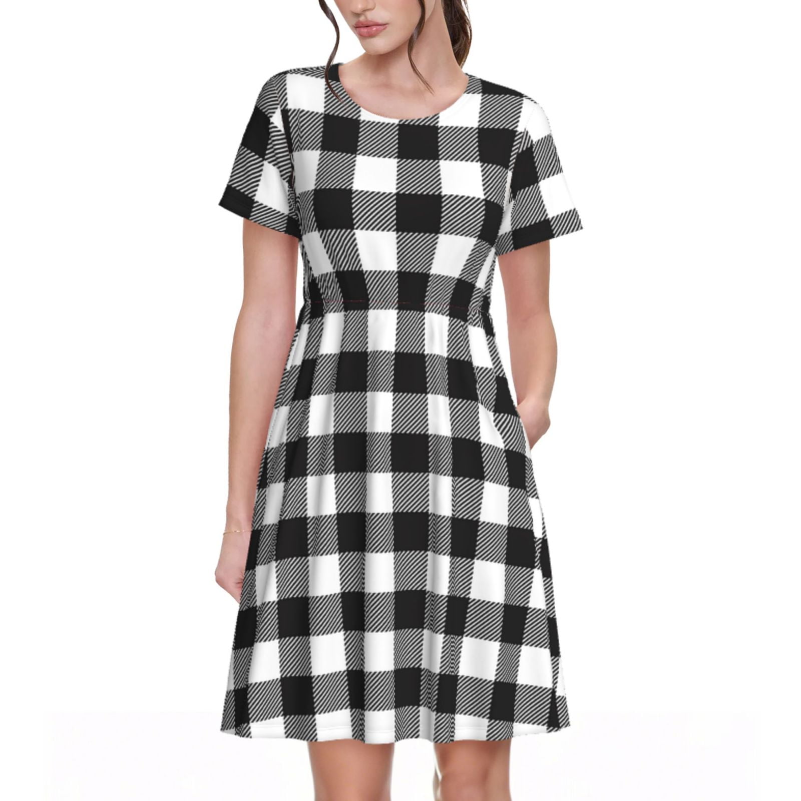 Fotbe Black White Plaid Pattern Dress Casual Womens Fashion Short ...