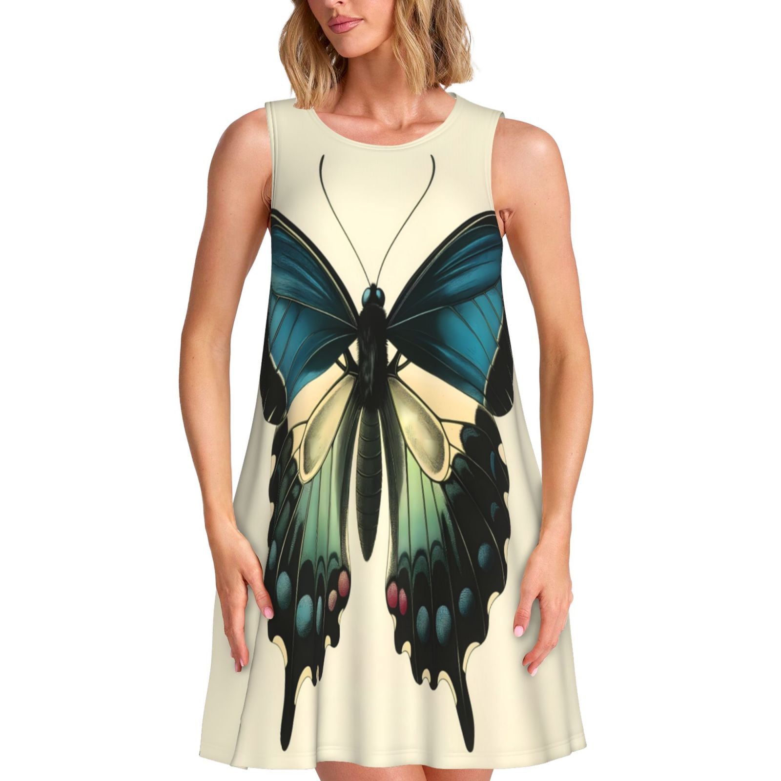 Fotbe Blue Black Butterfly Art Pattern Women’s Summer Tank Midi Dress ...