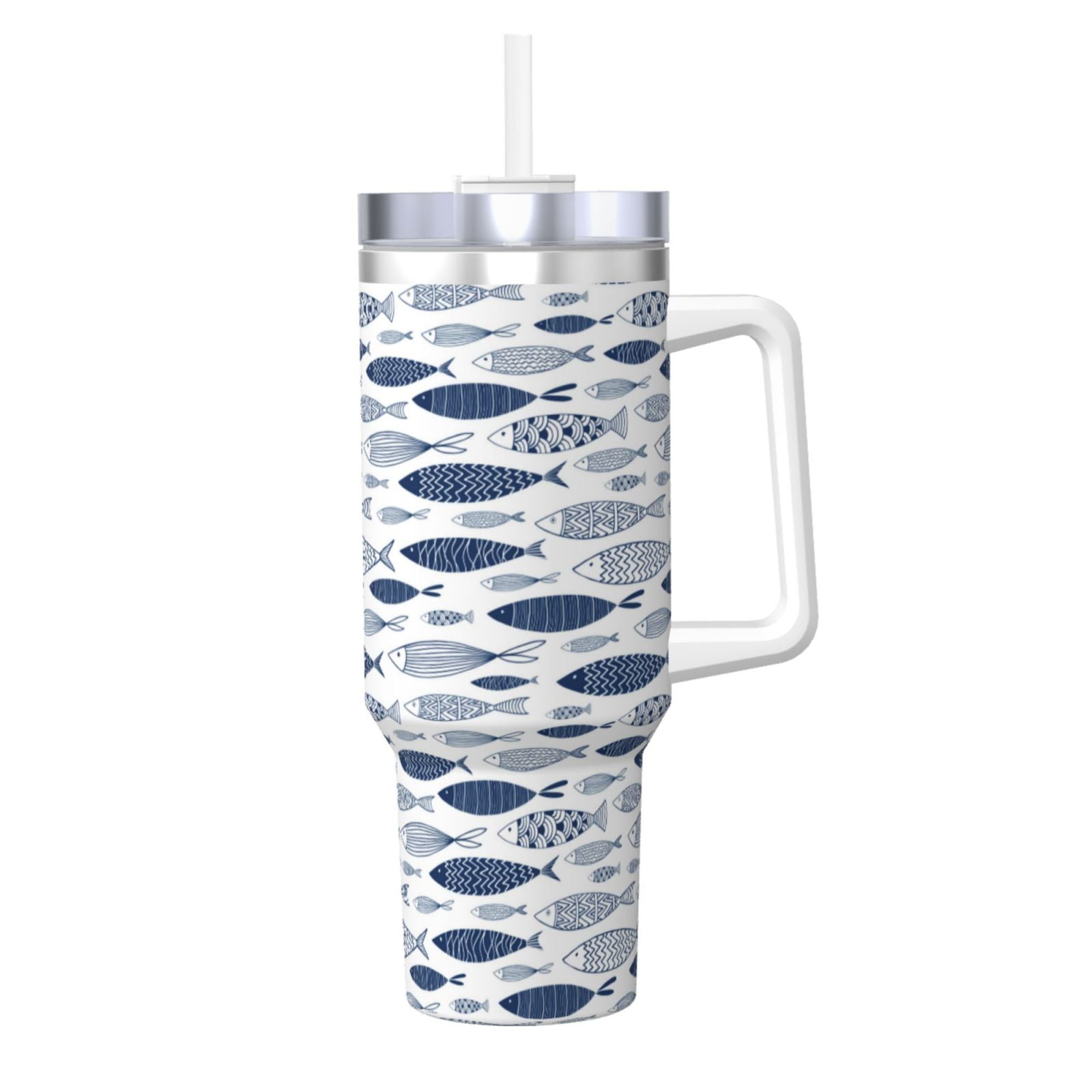 Fotbe Blue Fish Pattern 40oz Ice Bully With Handle And Straw Stainless ...