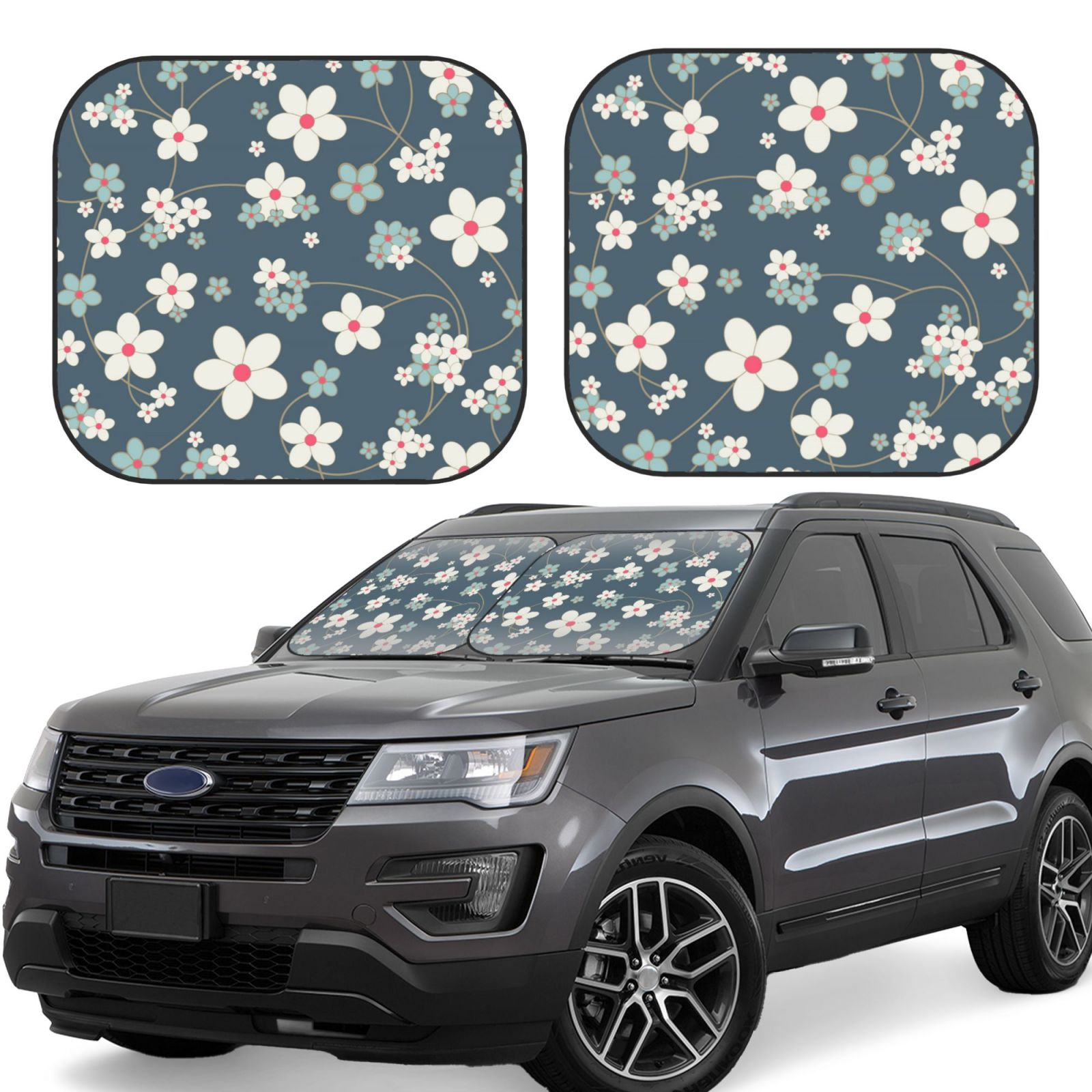 Fotbe Blue Flower 2-Piece Car Windshield Sun Shade | Sun Blocker for ...
