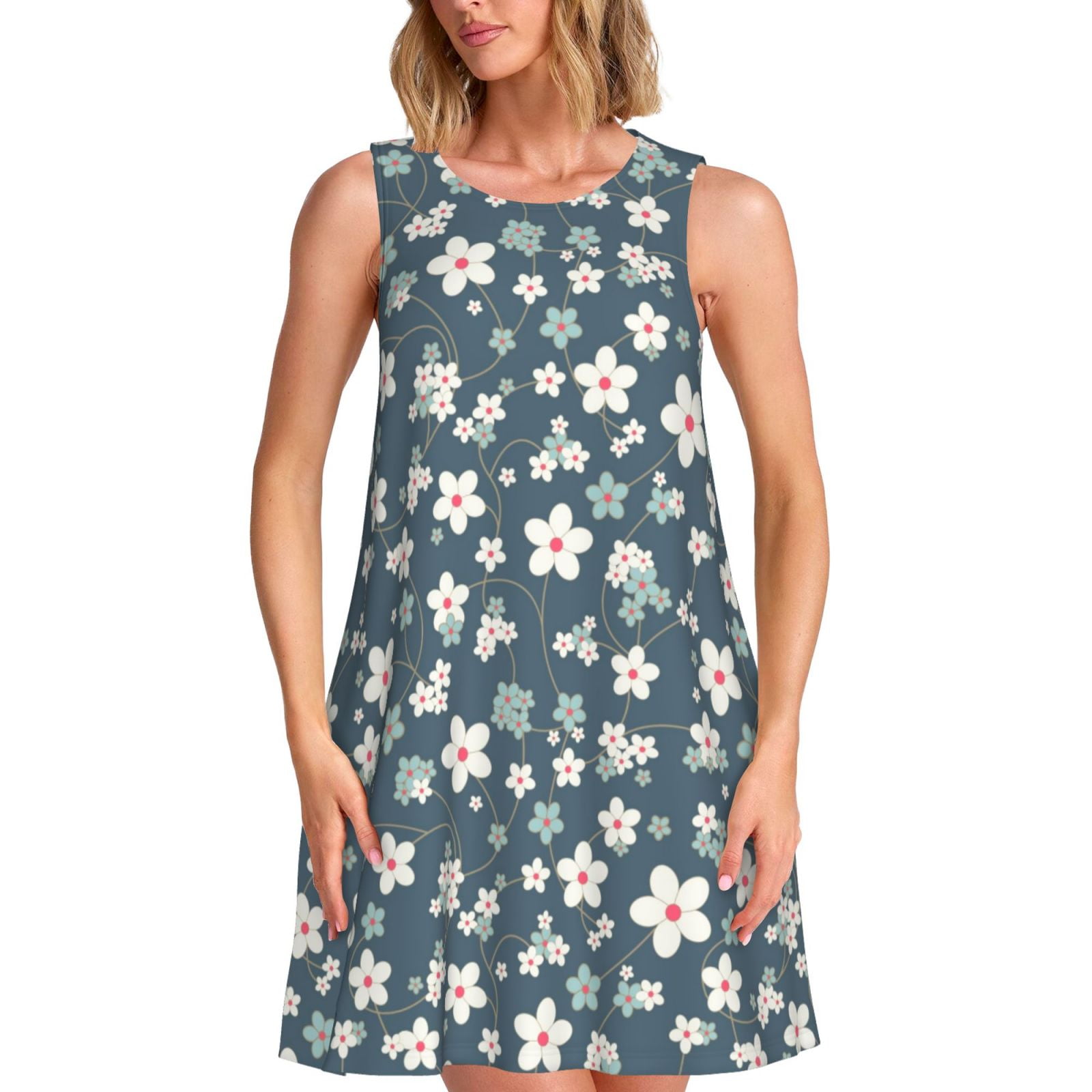 Fotbe Blue Flower Pattern Women’s Summer Tank Midi Dress – Sleeveless A ...