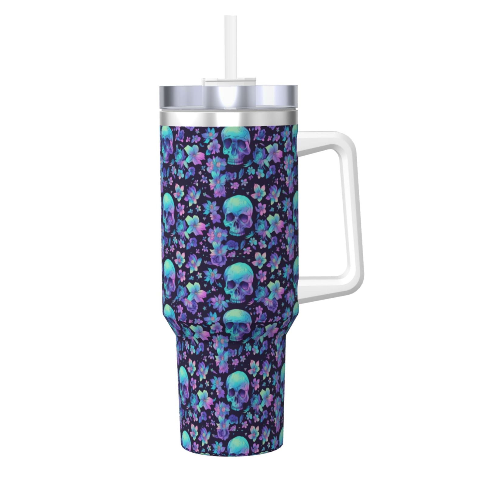 Fotbe Blue Flower Skull Pattern 40oz Ice Bully With Handle And Straw ...