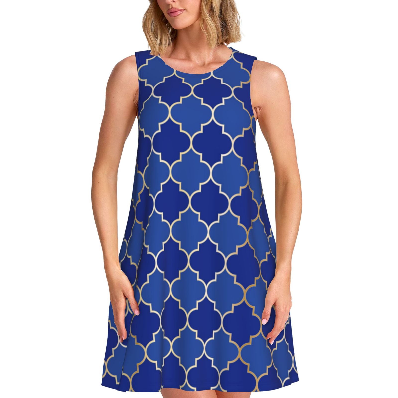 Fotbe Blue Gold Grid Lantern Shapes Pattern Women’s Summer Tank Midi ...