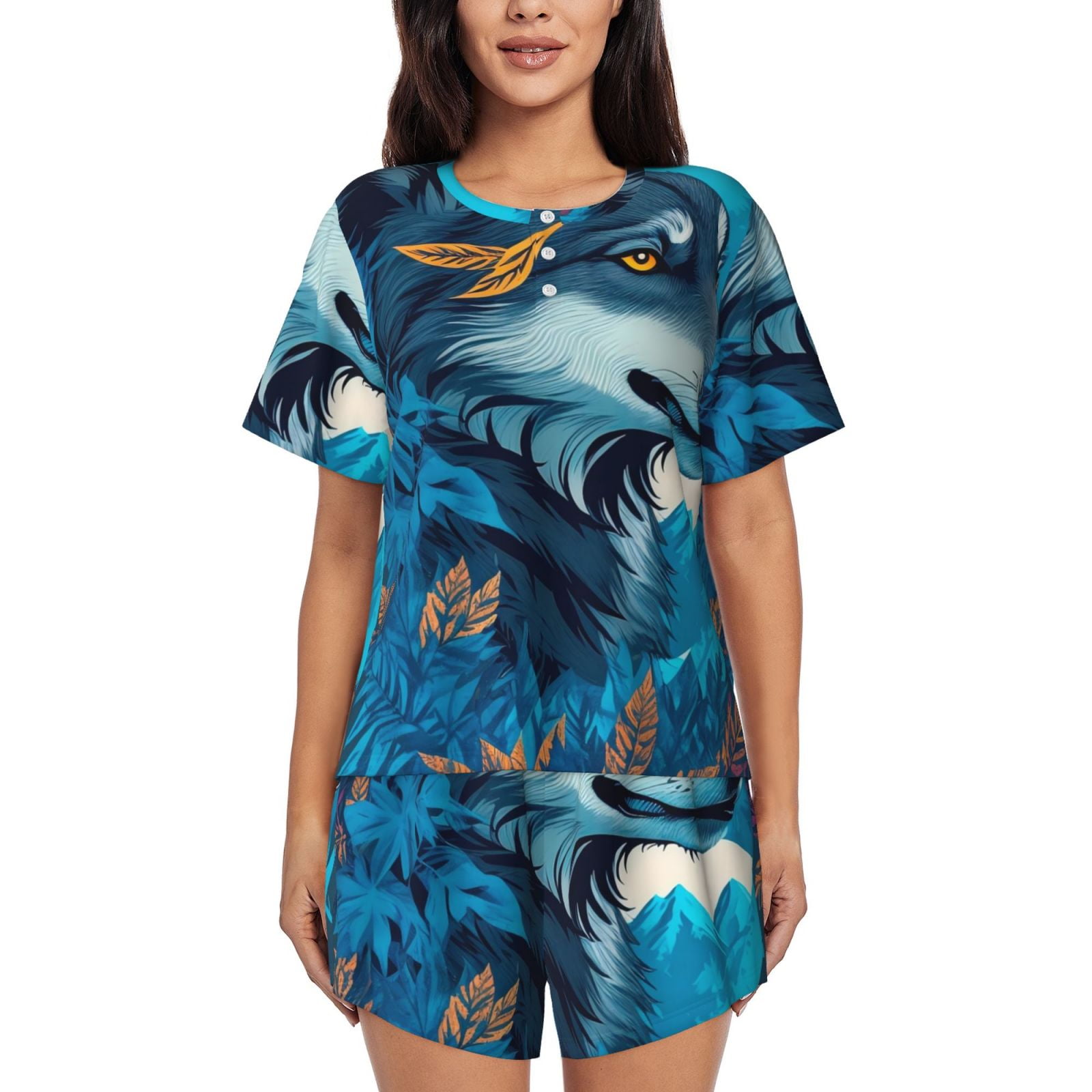 Fotbe Blue Iceberg Leaf Wolf Print Pajama Set for Women 2 Piece ...