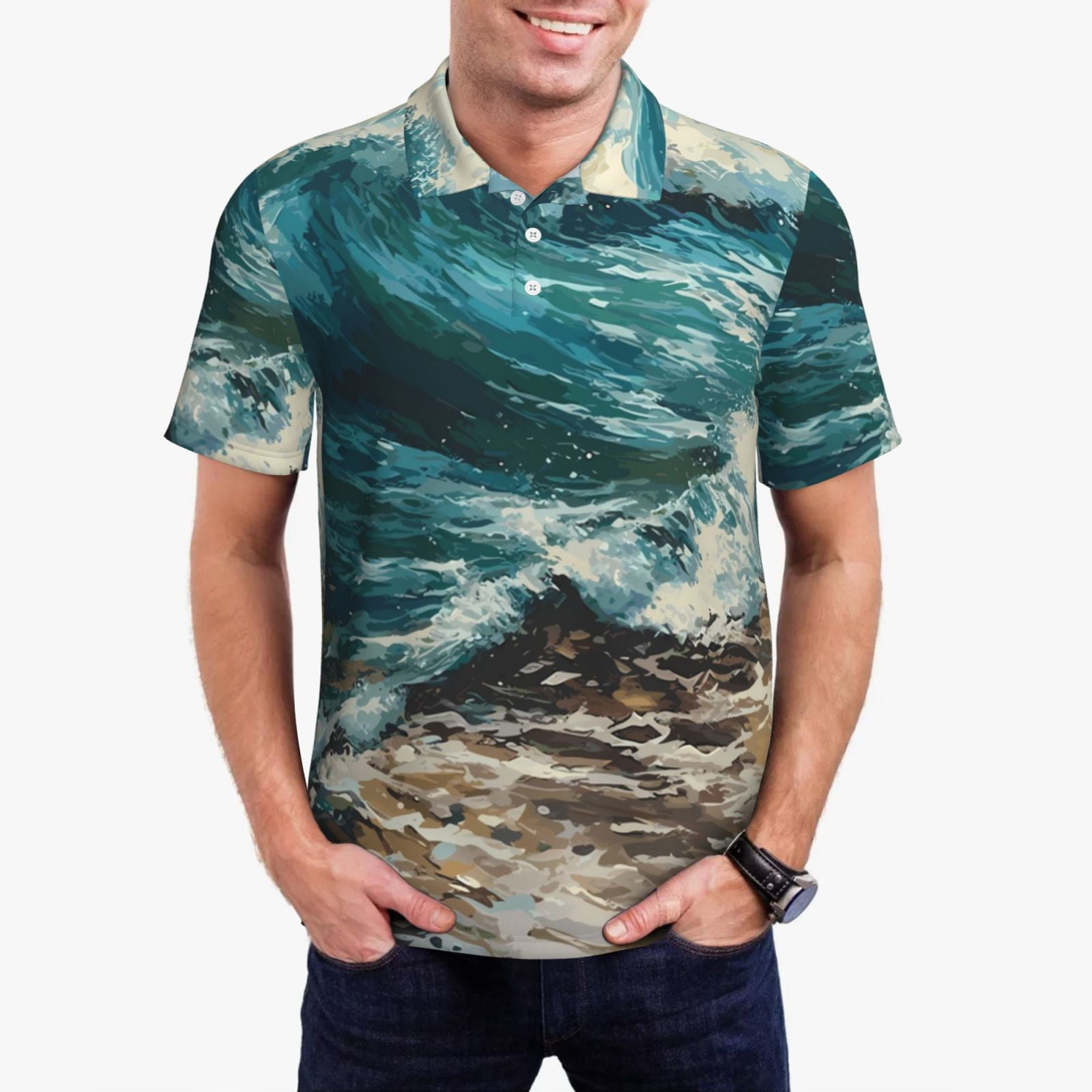 Fotbe Blue Ocean Waves Pattern Men’s Golf Polo Shirt – Breathable ...