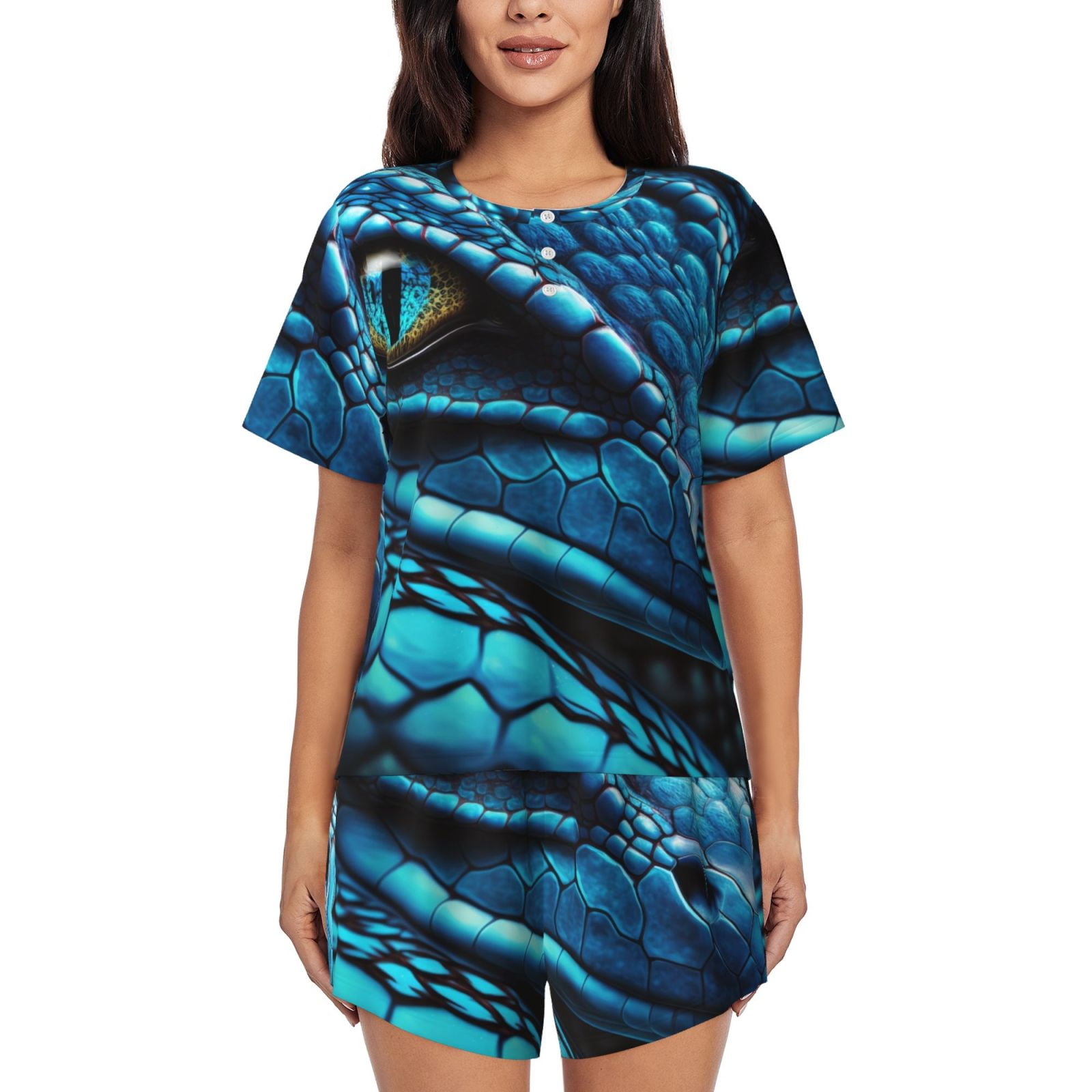 Fotbe Blue Viper Snake Closeup Face Print Pajama Set for Women 2 Piece ...