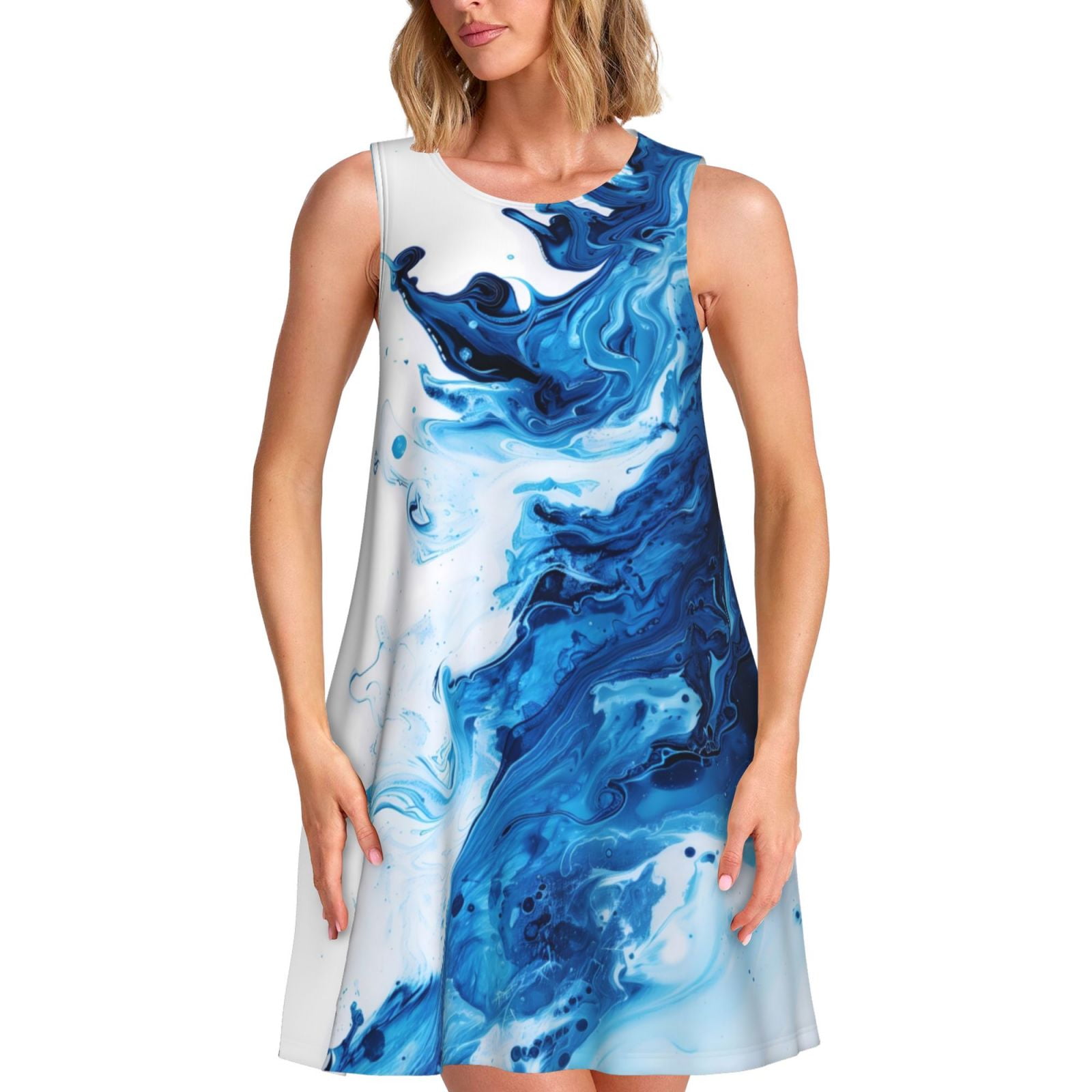 Fotbe Blue White Fluid Art Pattern Women’s Summer Tank Midi Dress ...