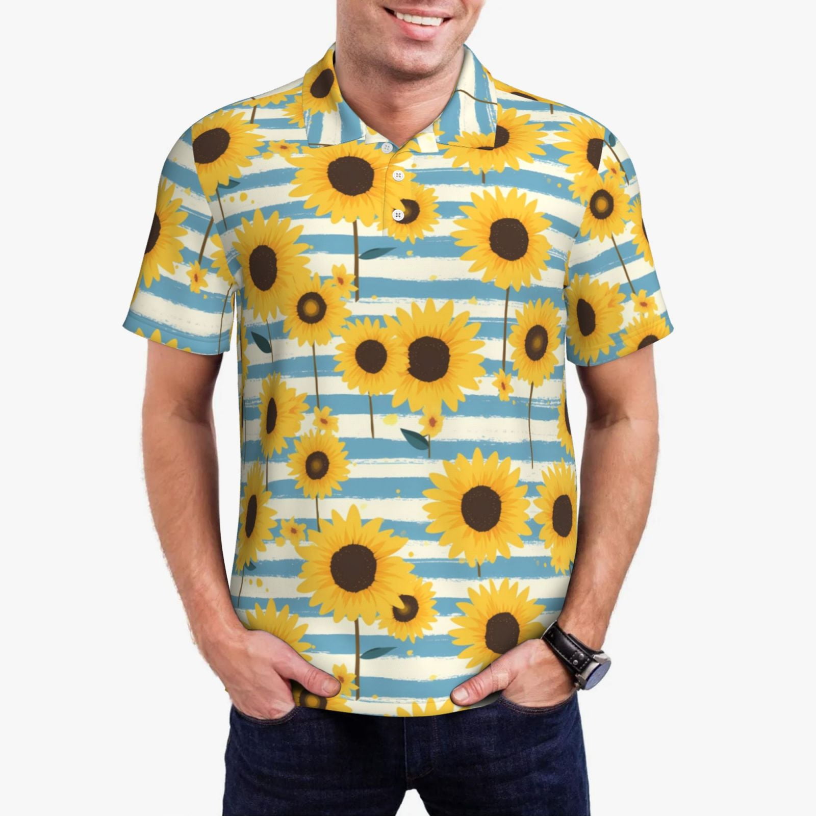 Fotbe Blue White Striped Sunflower A Pattern Men’s Golf Polo Shirt ...
