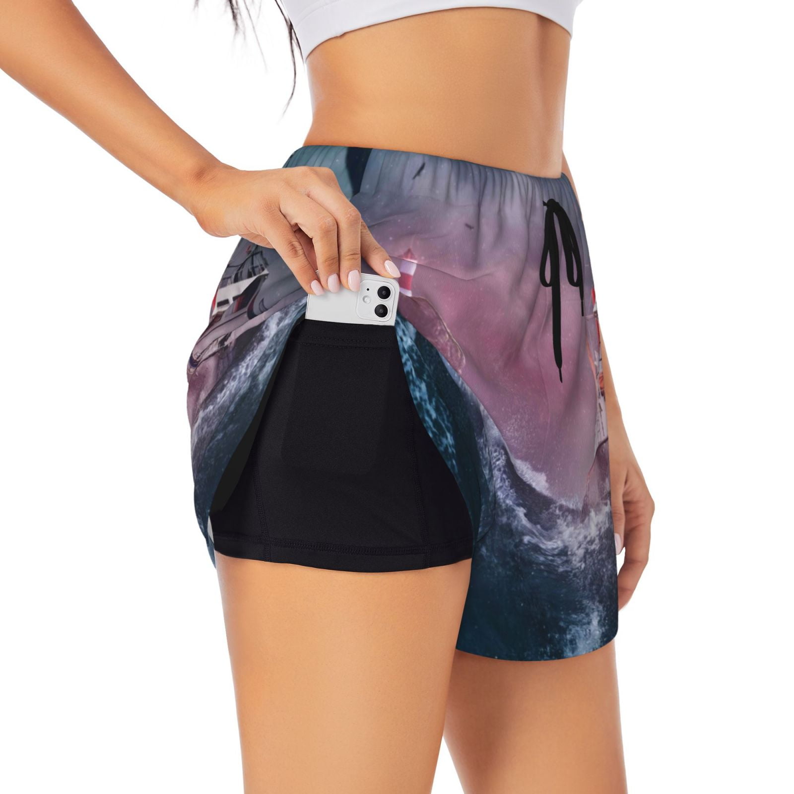 Fotbe Boat Lighthouse Storm Waves Womens High Waist Running Shorts Athletic Workout Quick Dry ...