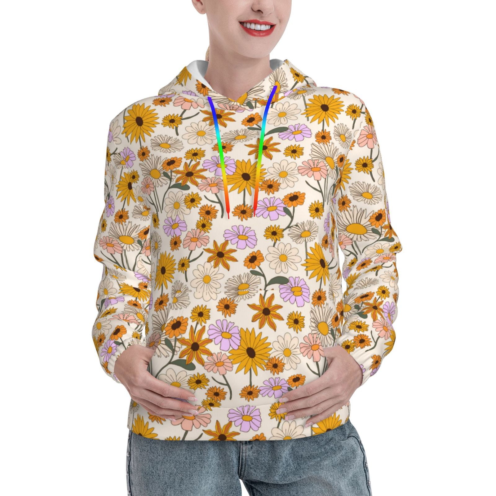 Fotbe Boho Flowers Pattern Womens Long Sleeve Hoodie, Pullover Hooded ...