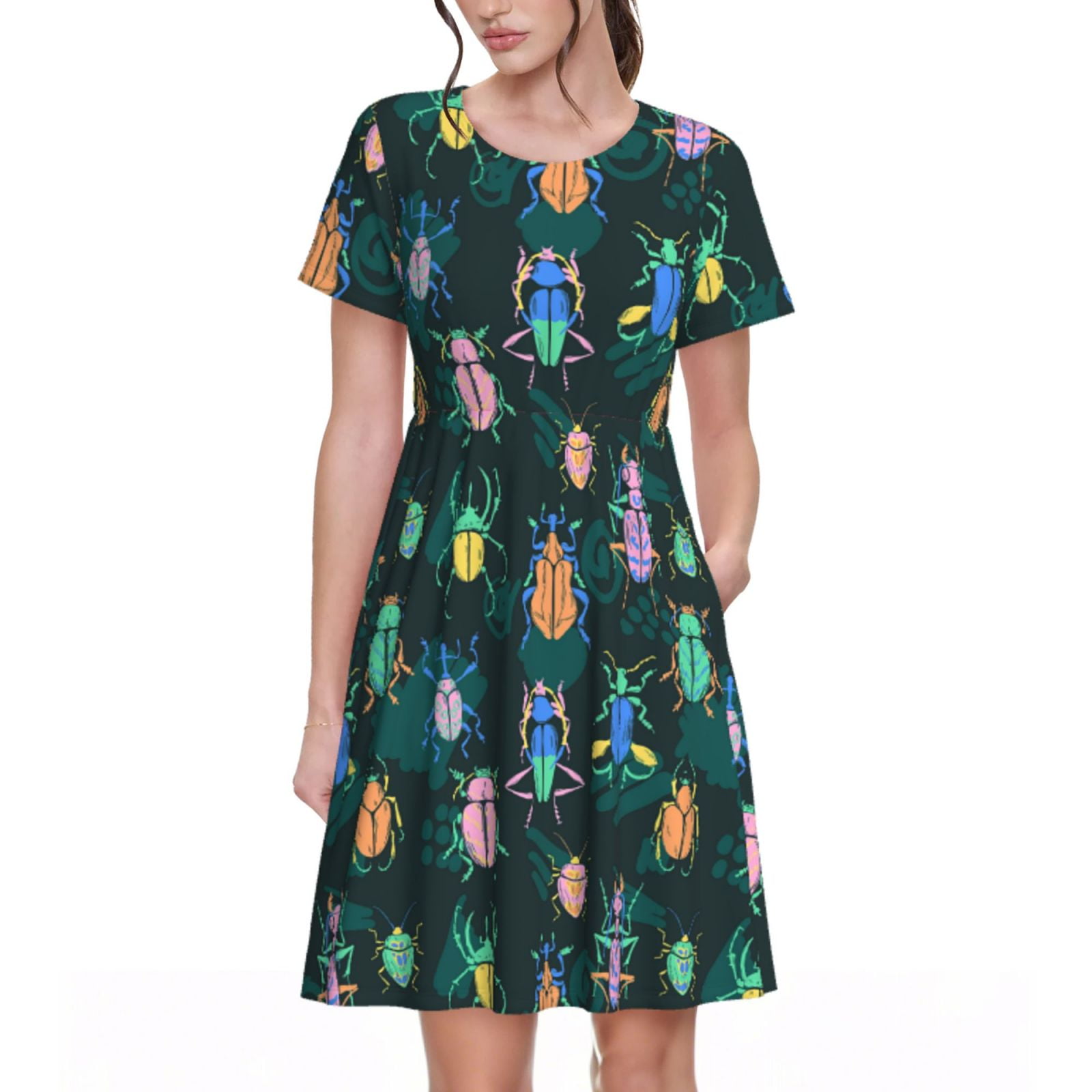 Fotbe Bright ladybugs Pattern Dress Casual Womens Fashion Short Sleeve ...