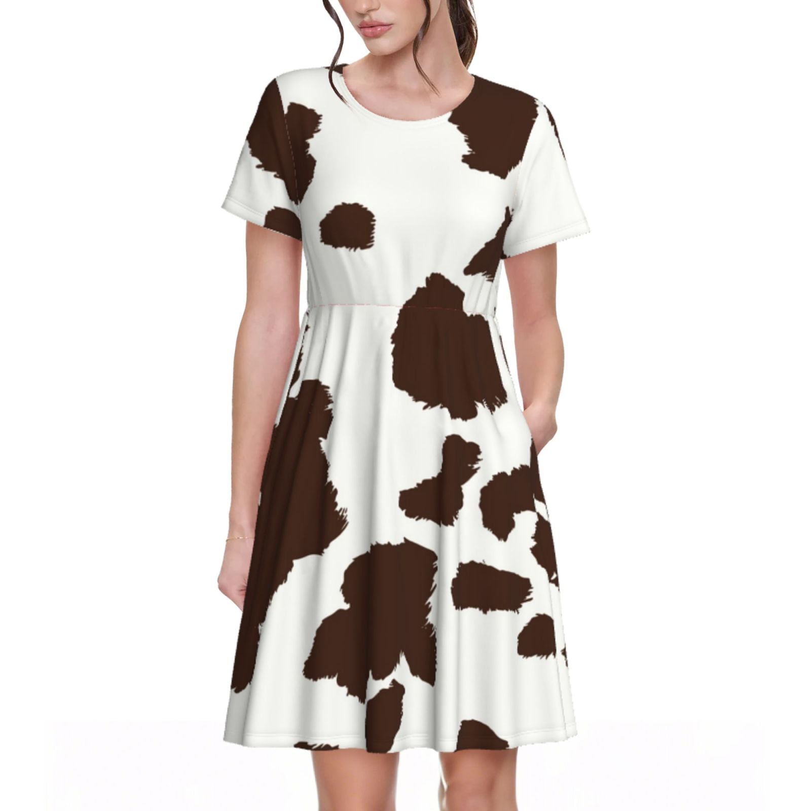 Fotbe Brown Cow Pattern Dress Casual Womens Fashion Short Sleeve Maxi ...