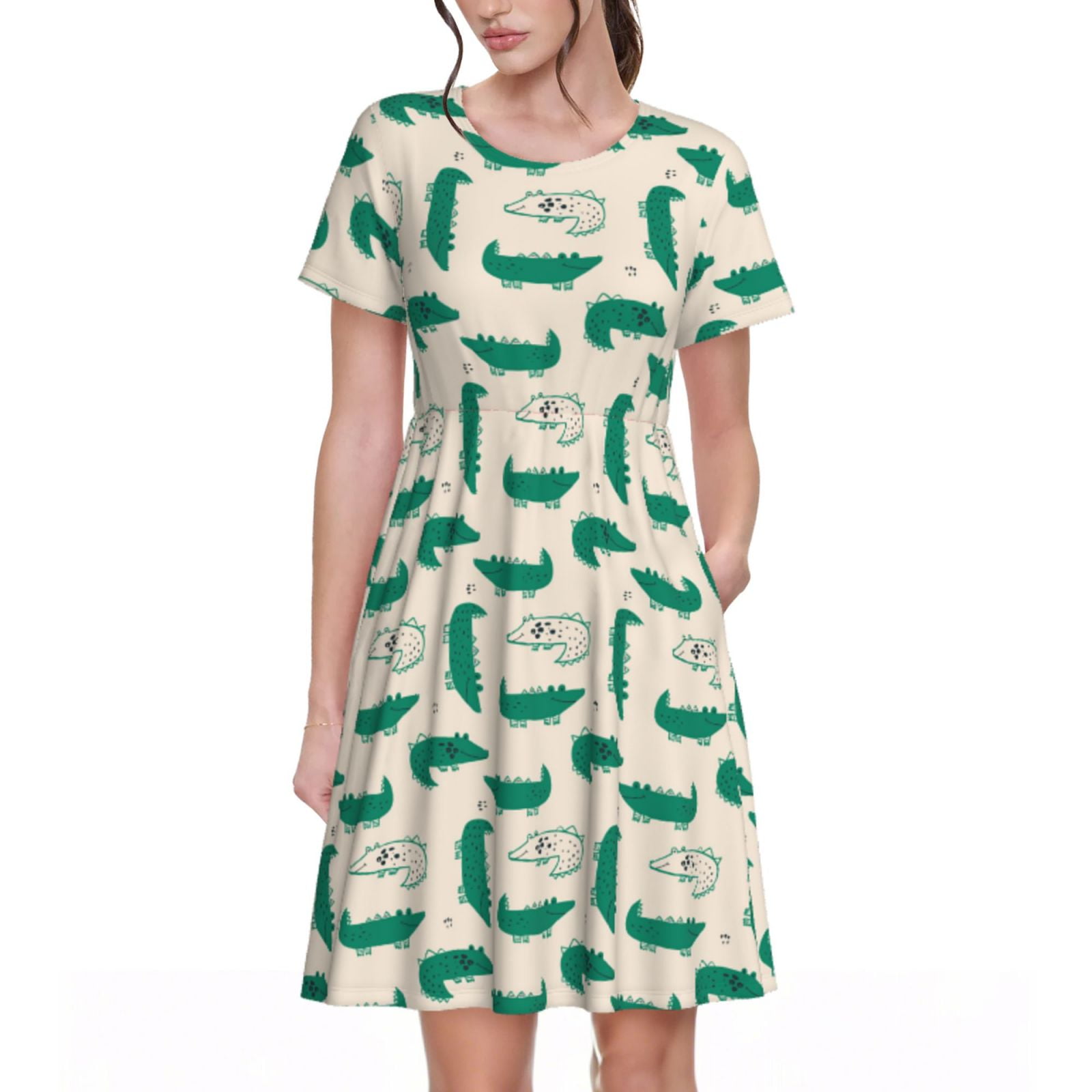 Fotbe Cartoon Crocodile Pattern Dress Casual Womens Fashion Short ...