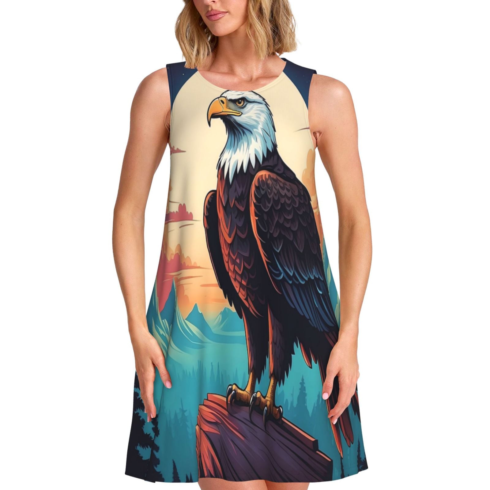 Fotbe Cartoon Iceberg Bald Eagle Pattern Women’s Summer Tank Midi Dress ...