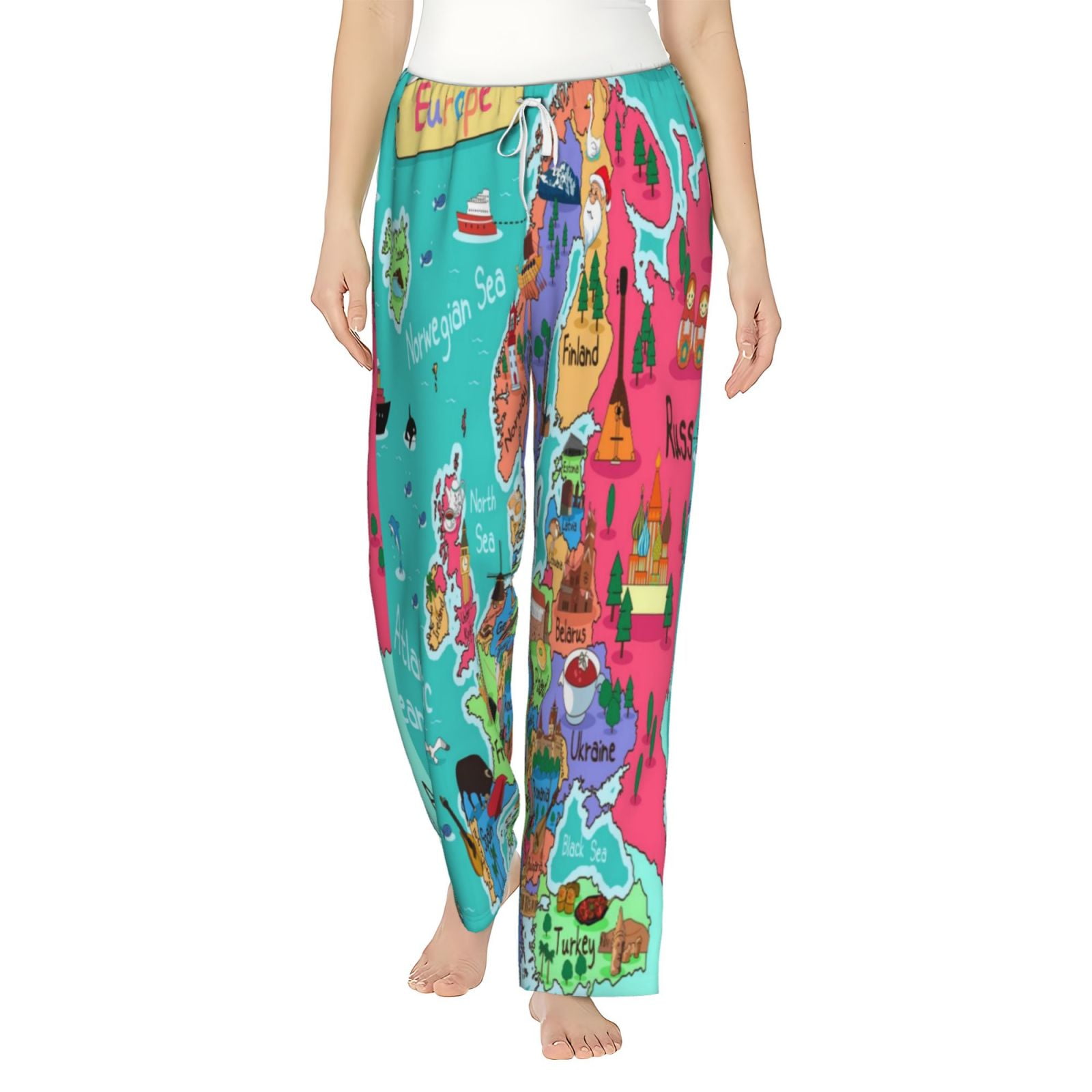 Fotbe Cartoon Map Of Europe Women's Pajama Pants,Sleepwear Pants,Pj ...