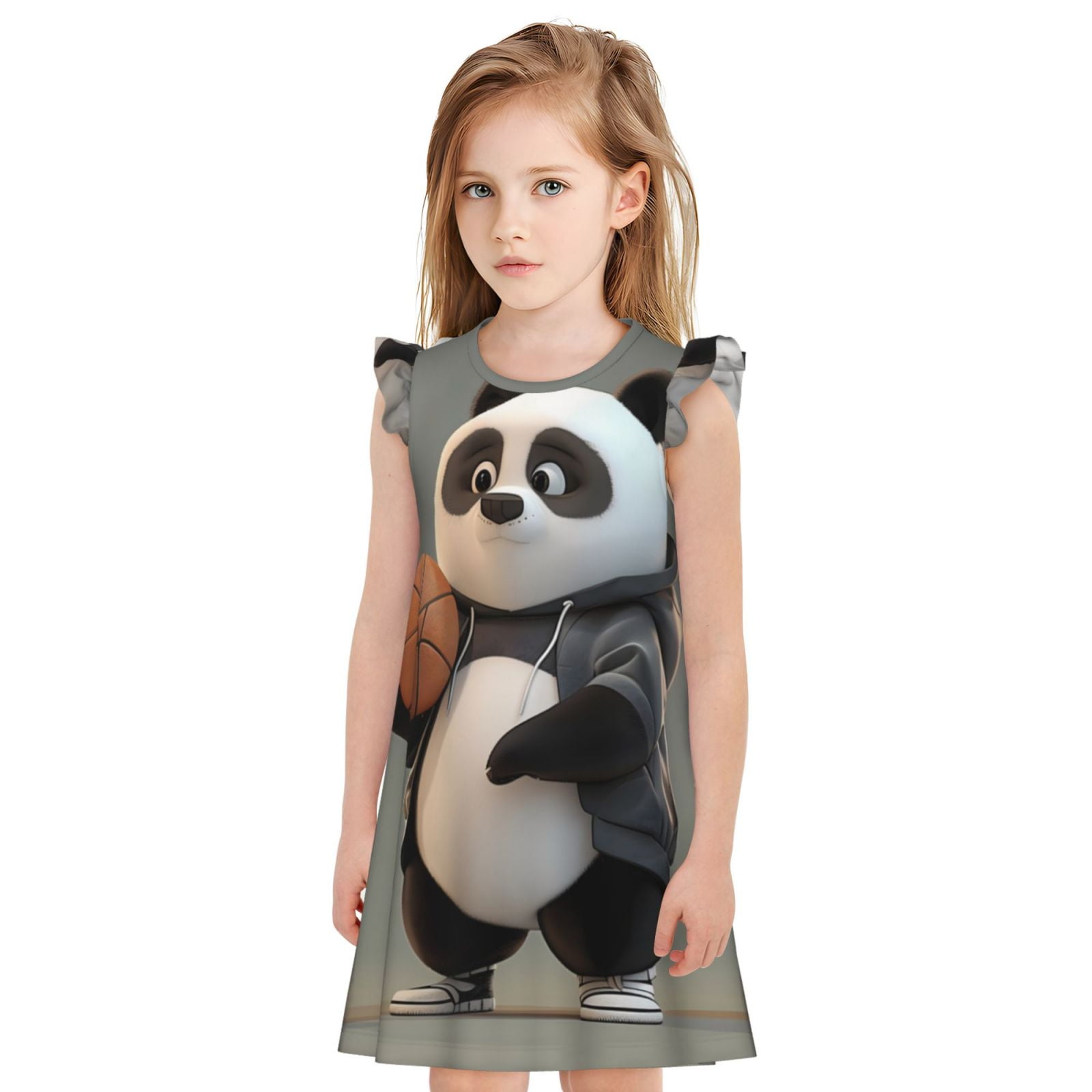 Fotbe Cartoon Pandas Basketball Pattern Girls Nightgowns 3-10 Years Short Sleeves Nightdress ...