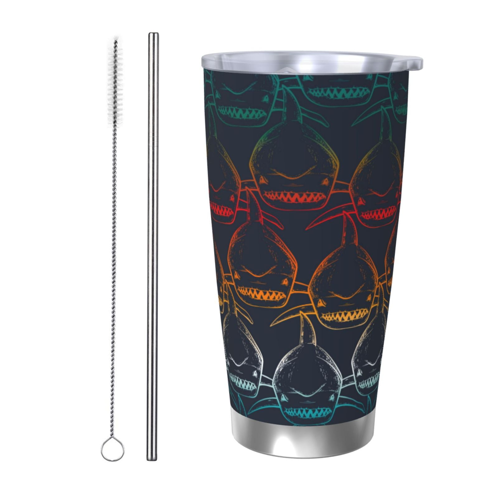 Fotbe Cartoon Sharks Pattern 20 oz Tumbler Stainless Steel Vacuum Insulated Coffee Ice Cup ...