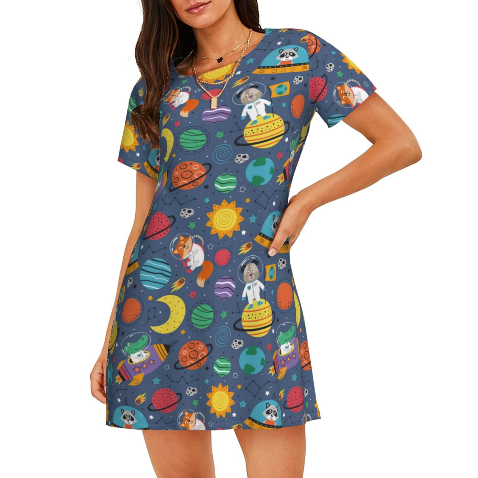 Fotbe Cartoon Space Pattern Women's Cotton Nightgown Sleepwear Short ...