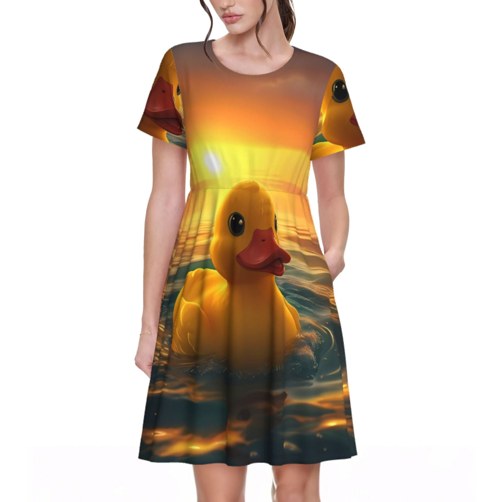 Fotbe Cartoon Swimming Yellow Duck Pattern Dress Casual Womens Fashion ...