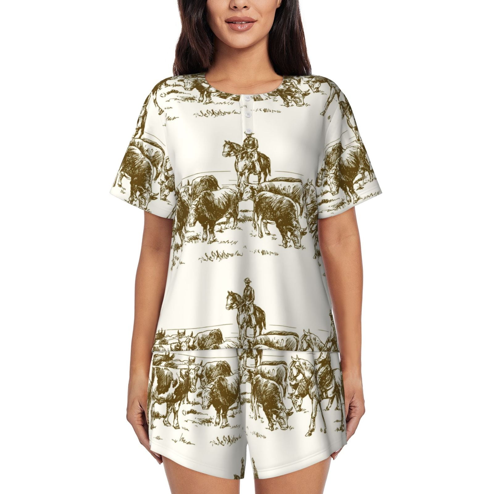 Fotbe Cattle Drive By Two Cowboys Print Pajama Set for Women 2 Piece ...