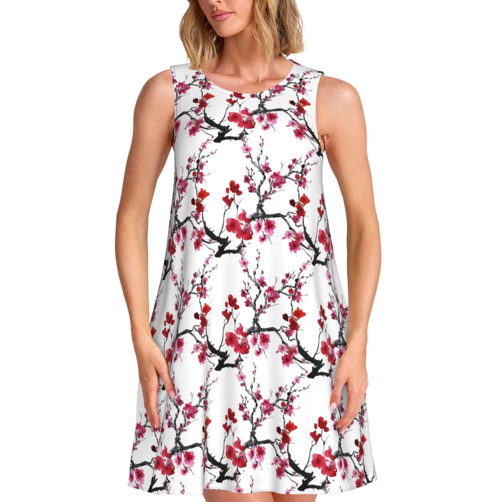 Fotbe Cherry Blossoms Pattern Women’s Summer Tank Midi Dress ...