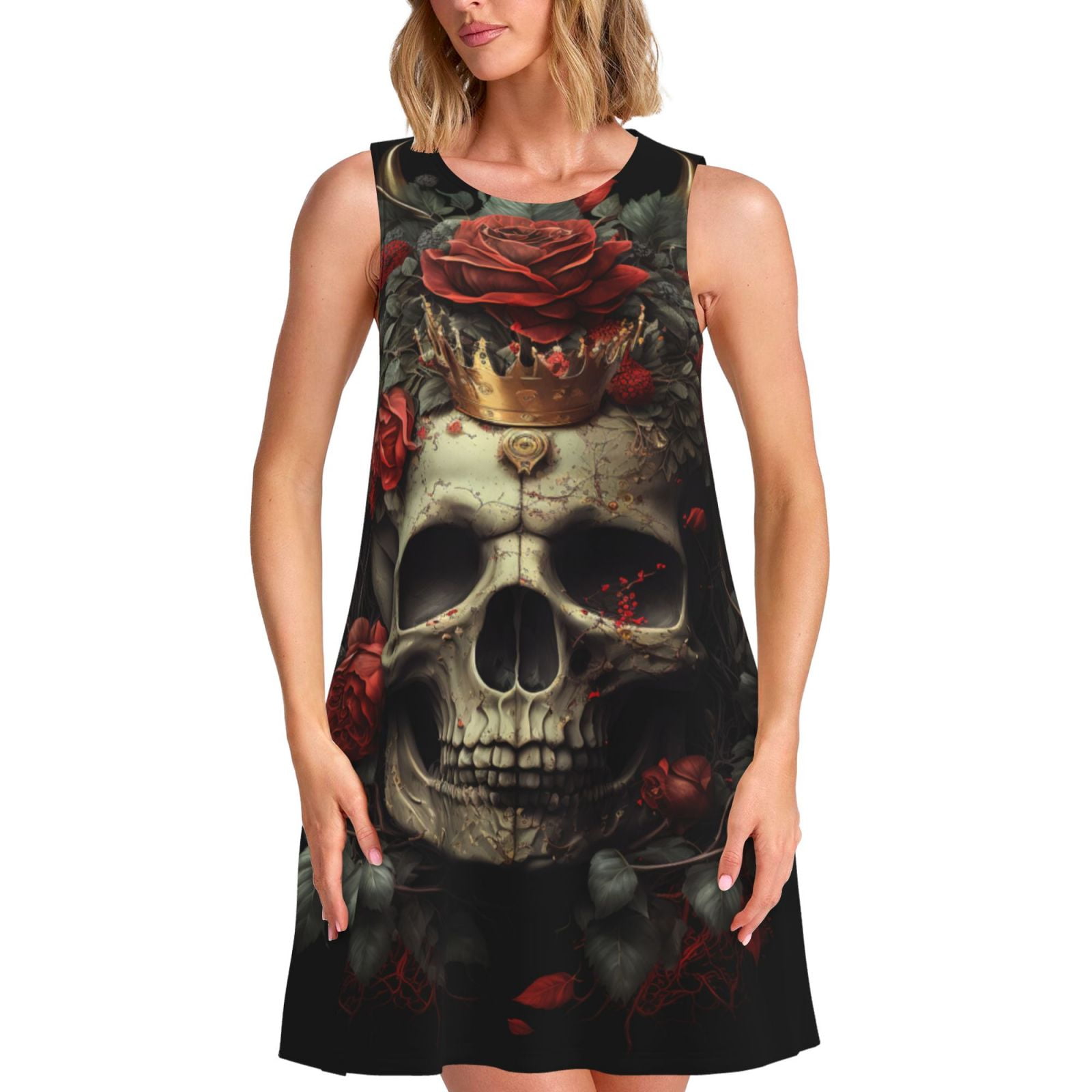 Fotbe Classical Rose Crown Skull Pattern Women’s Summer Tank Midi Dress – Sleeveless A-Line ...