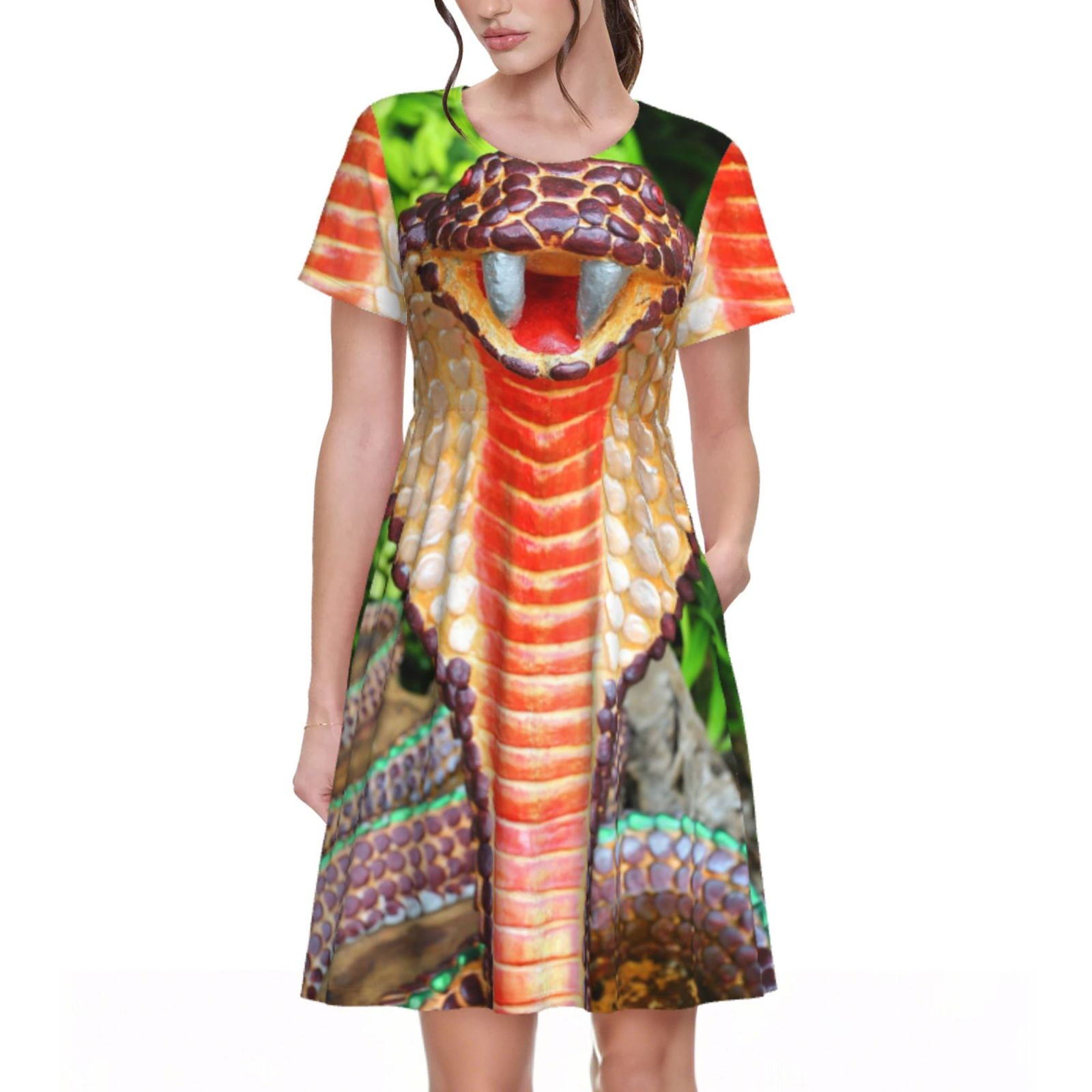 Fotbe Cobra Snake Pattern Dress Casual Womens Fashion Short Sleeve Maxi ...