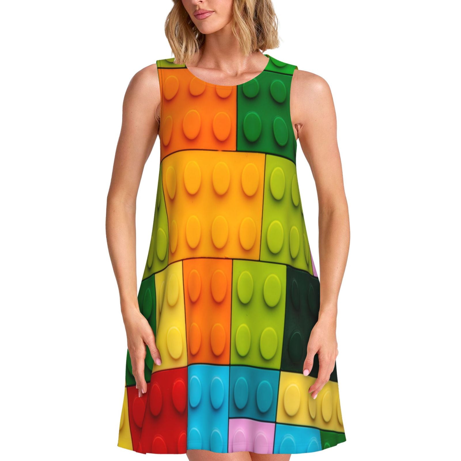 Fotbe Colorful Building Blocks Pattern Women’s Summer Tank Midi Dress ...