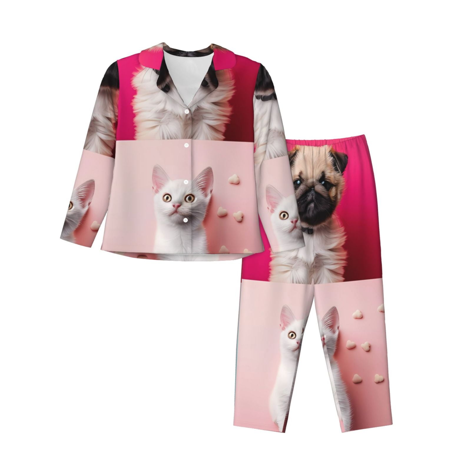 Fotbe Colorful Dog Cat Collage Pattern Long Sleeve Pajama Set for Women ...